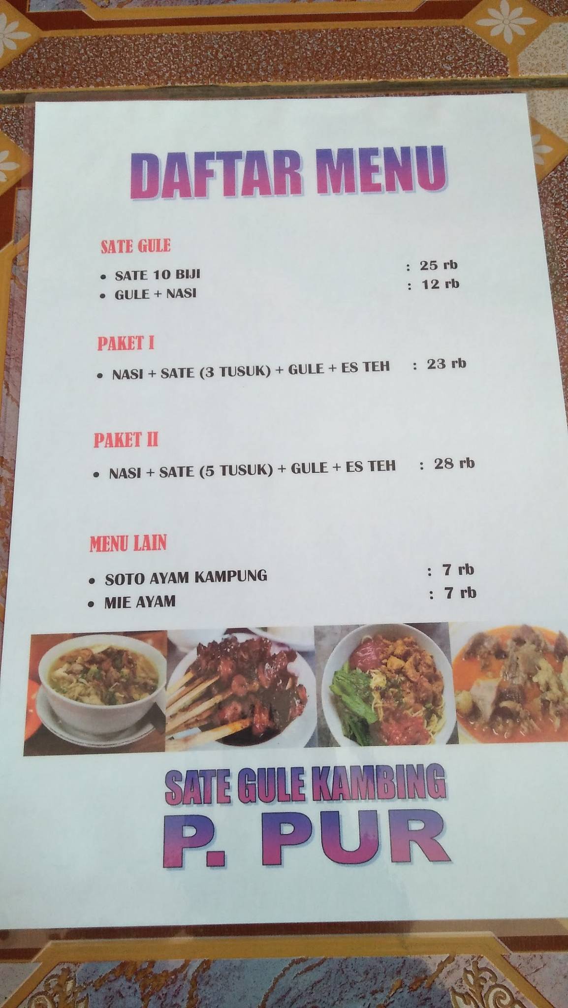 Menu at Sate Gule Kambing Pak Pur restaurant, Indonesia, Jl. Marsma TNI ...