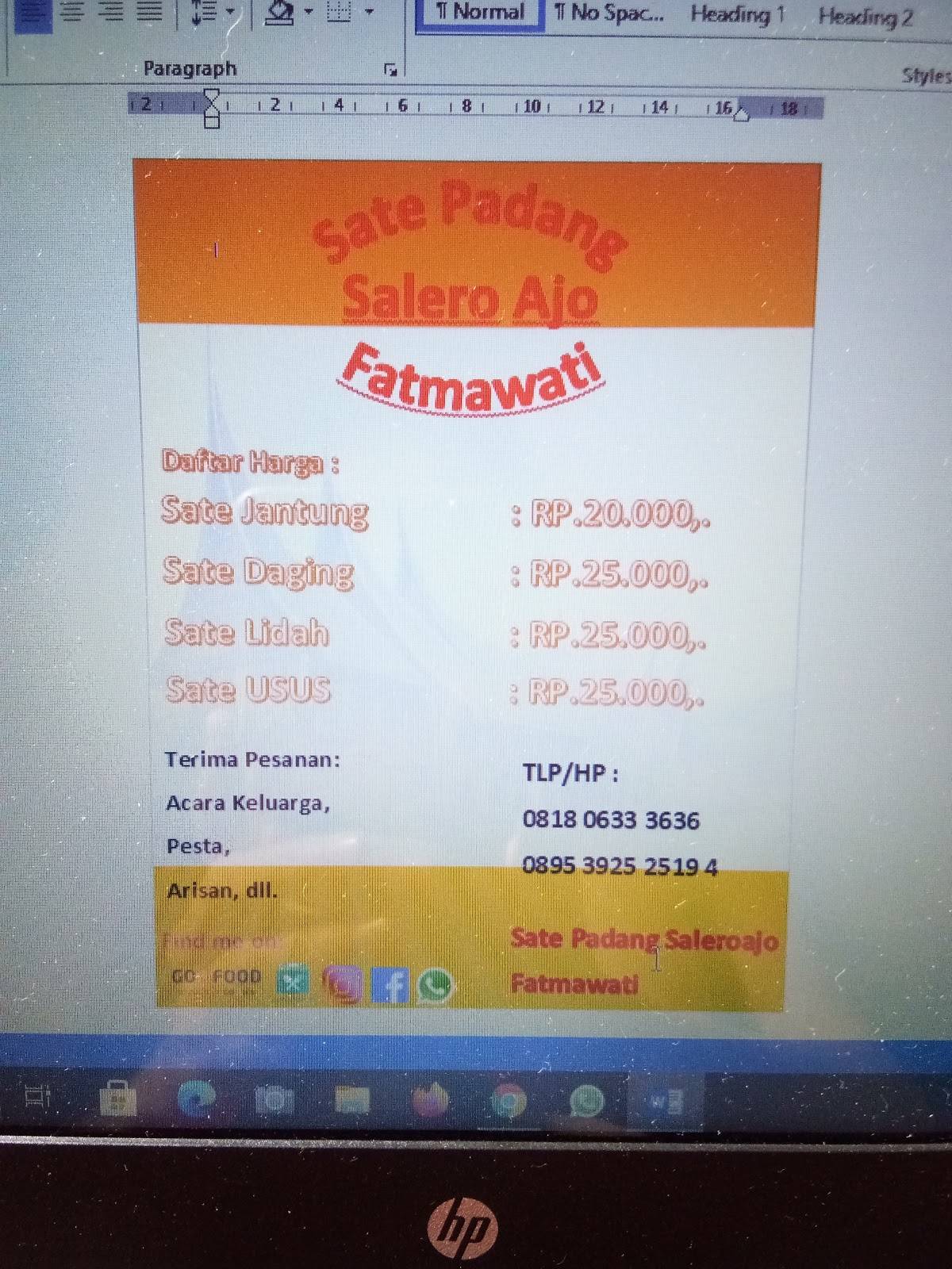 Menu at Sate Padang Saleroajo Fatmawati restaurant, South Jakarta, 3