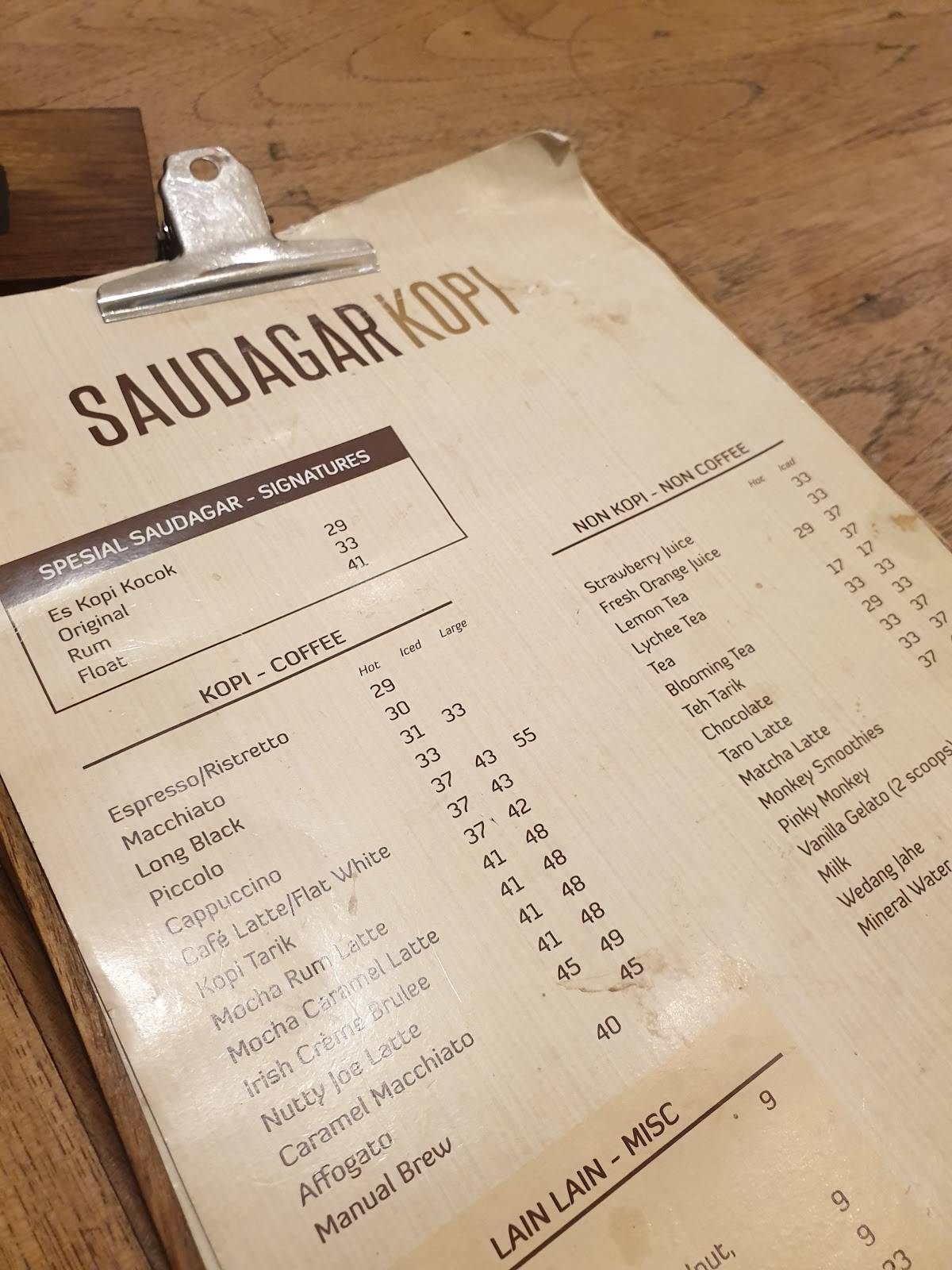 Menu at Saudagar Kopi Sabang cafe, Jakarta, Jl. H. Agus Salim No.26F