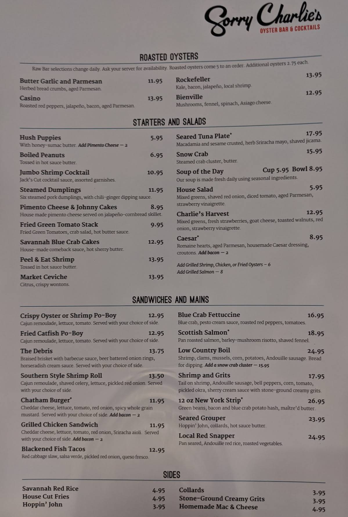 Menu at Sorry Charlie's Oyster Bar, Savannah