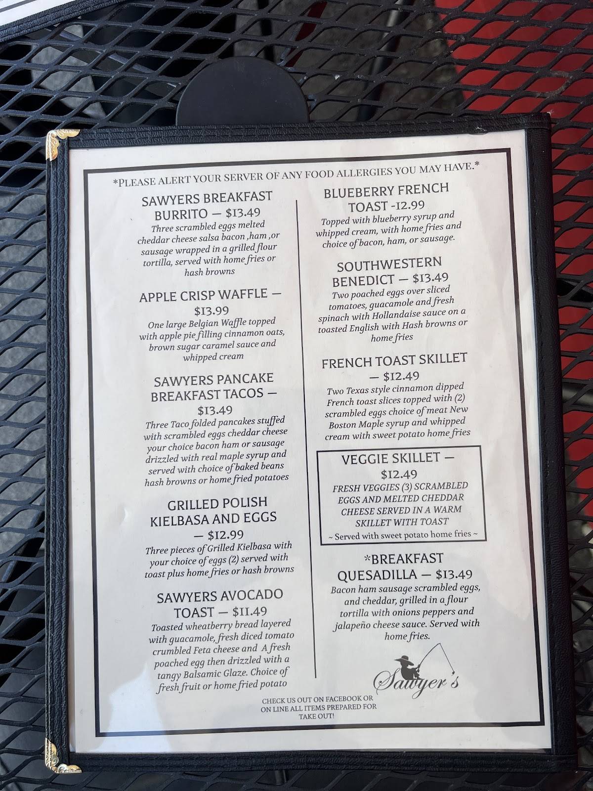 Menu at Sawyer's Main Street Breakfast & Function Hall restaurant ...