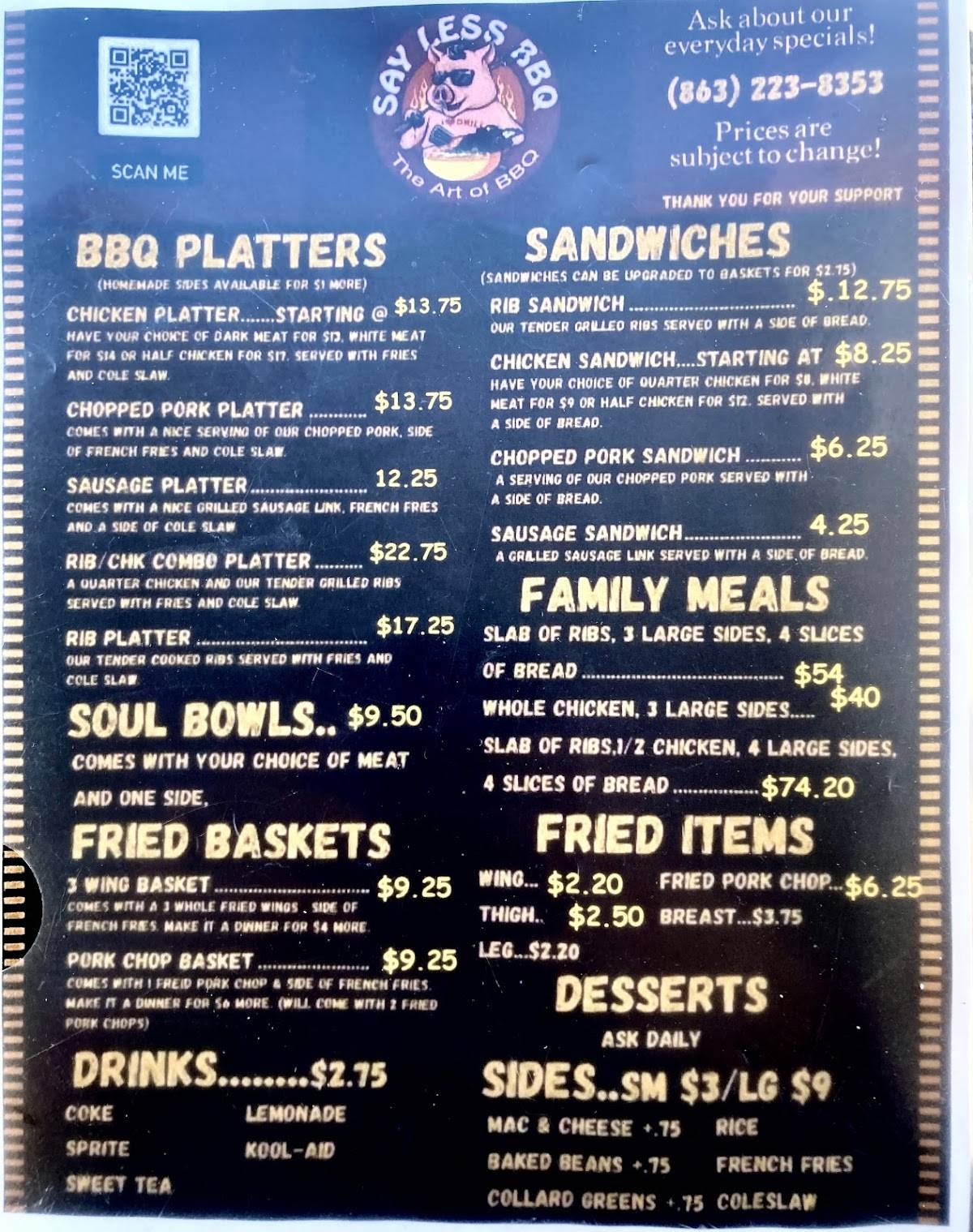 Menu at Say-Less BBQ, Lake Wales