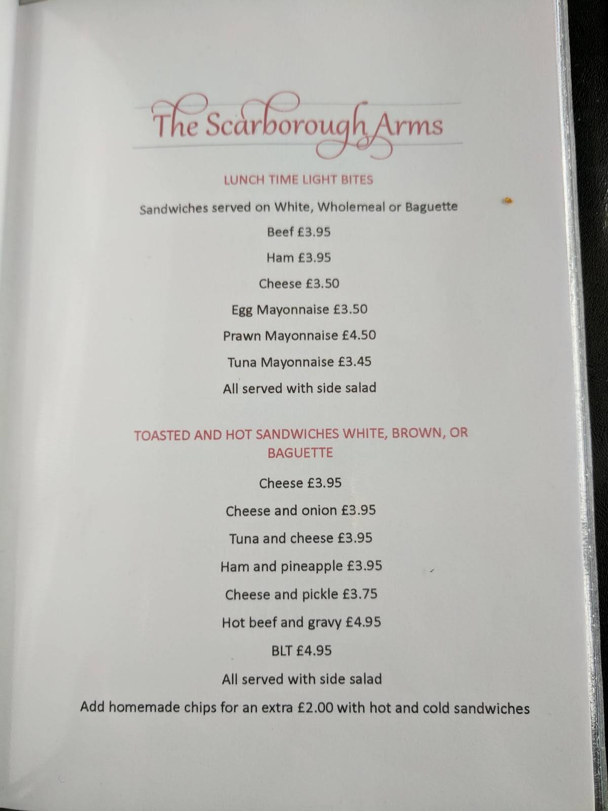 Menu at Scarborough Arms pub & bar, Scarborough