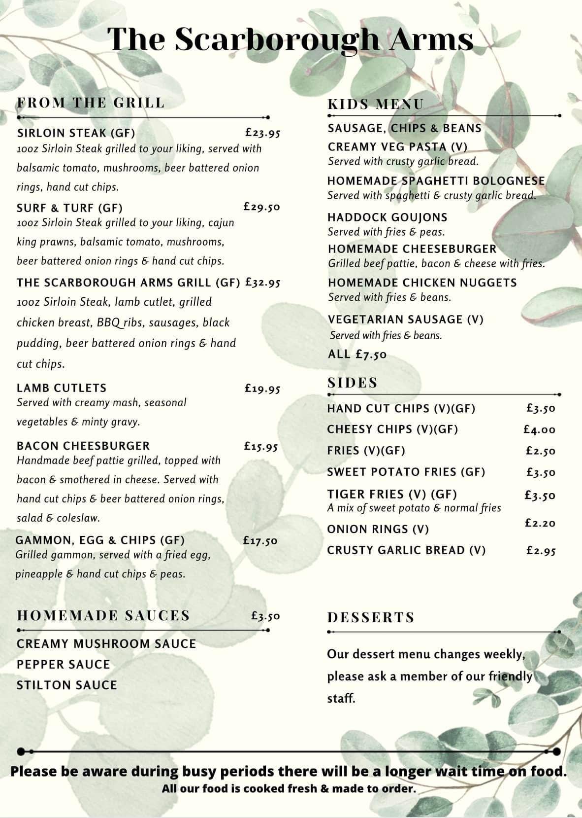 Menu at Scarborough Arms pub & bar, Scarborough