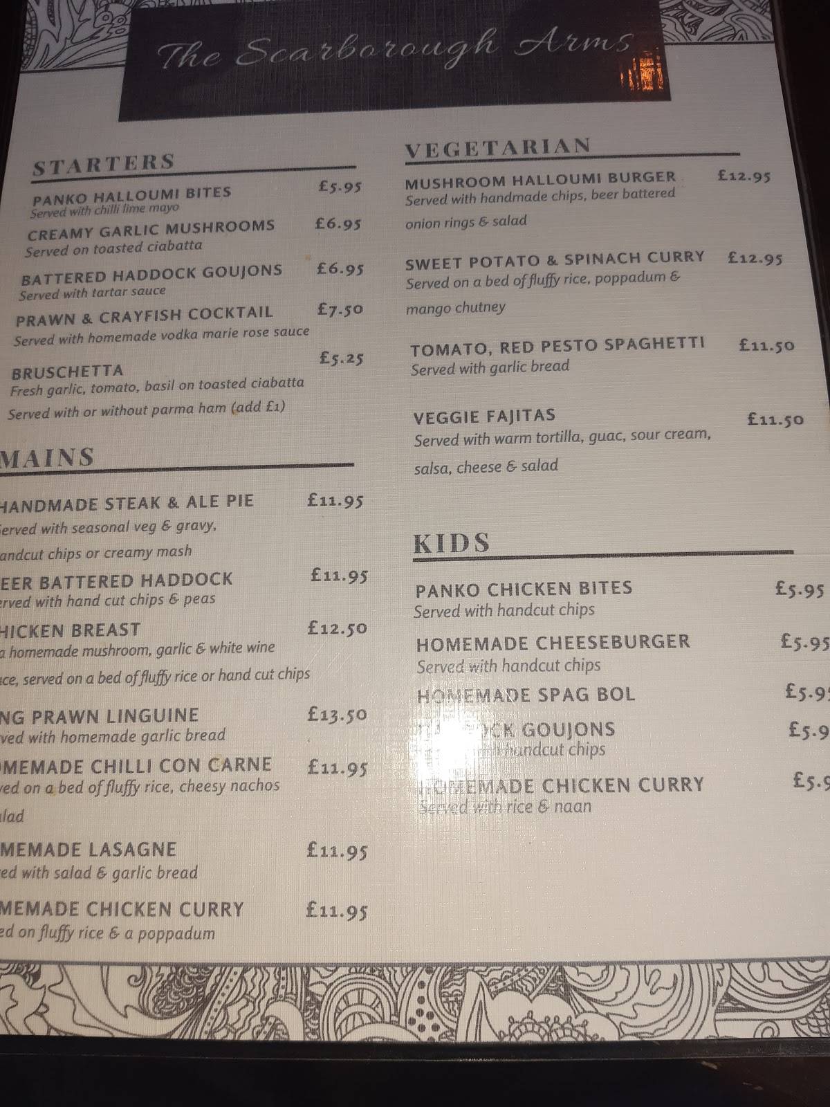 Menu at Scarborough Arms pub & bar, Scarborough
