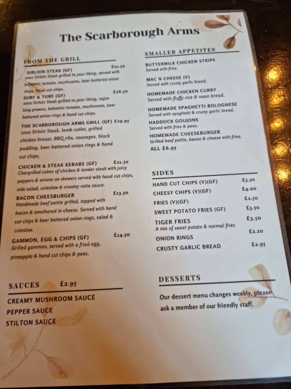 Menu at Scarborough Arms pub & bar, Scarborough