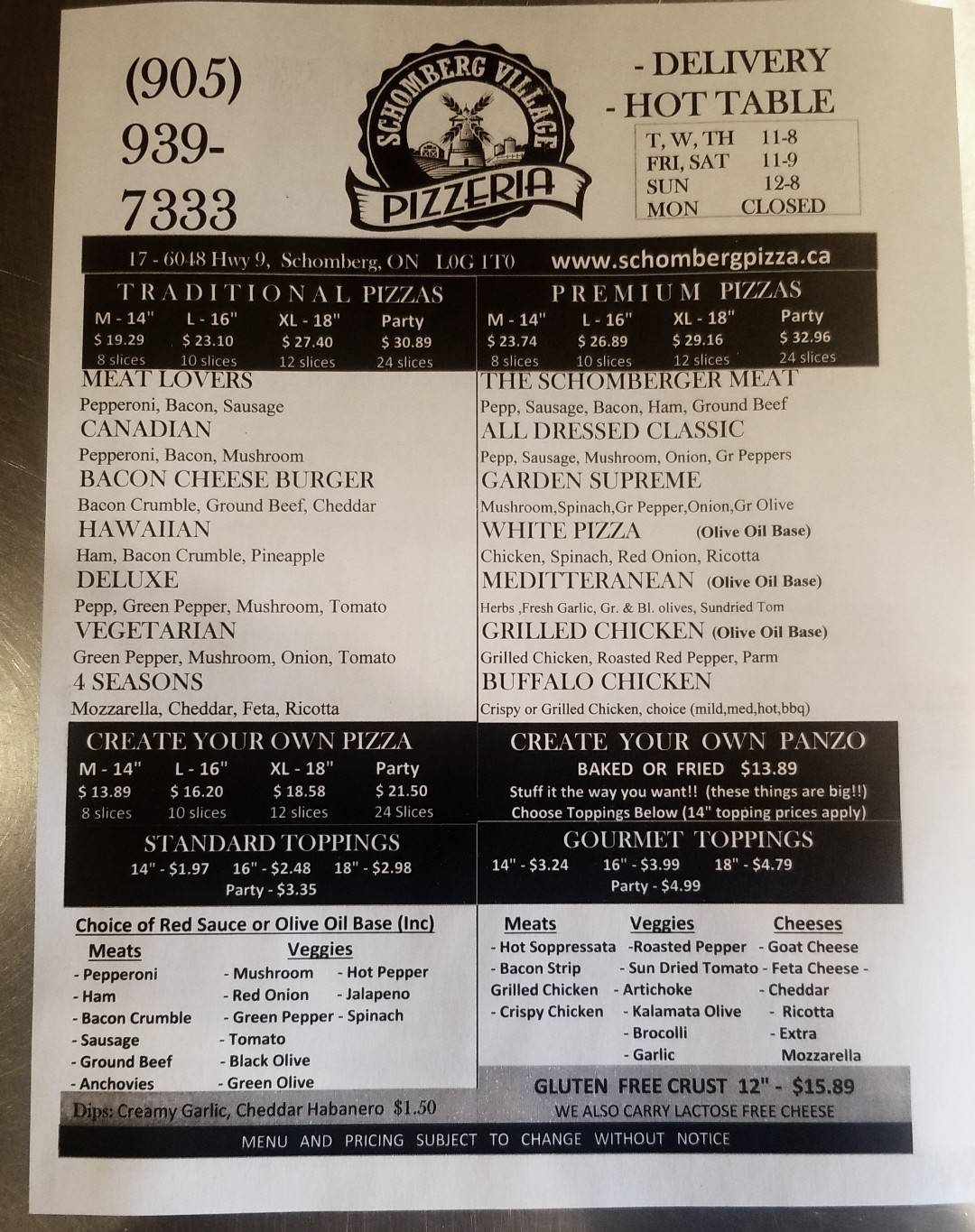 Menu at Schomberg Village Pizzeria, Schomberg