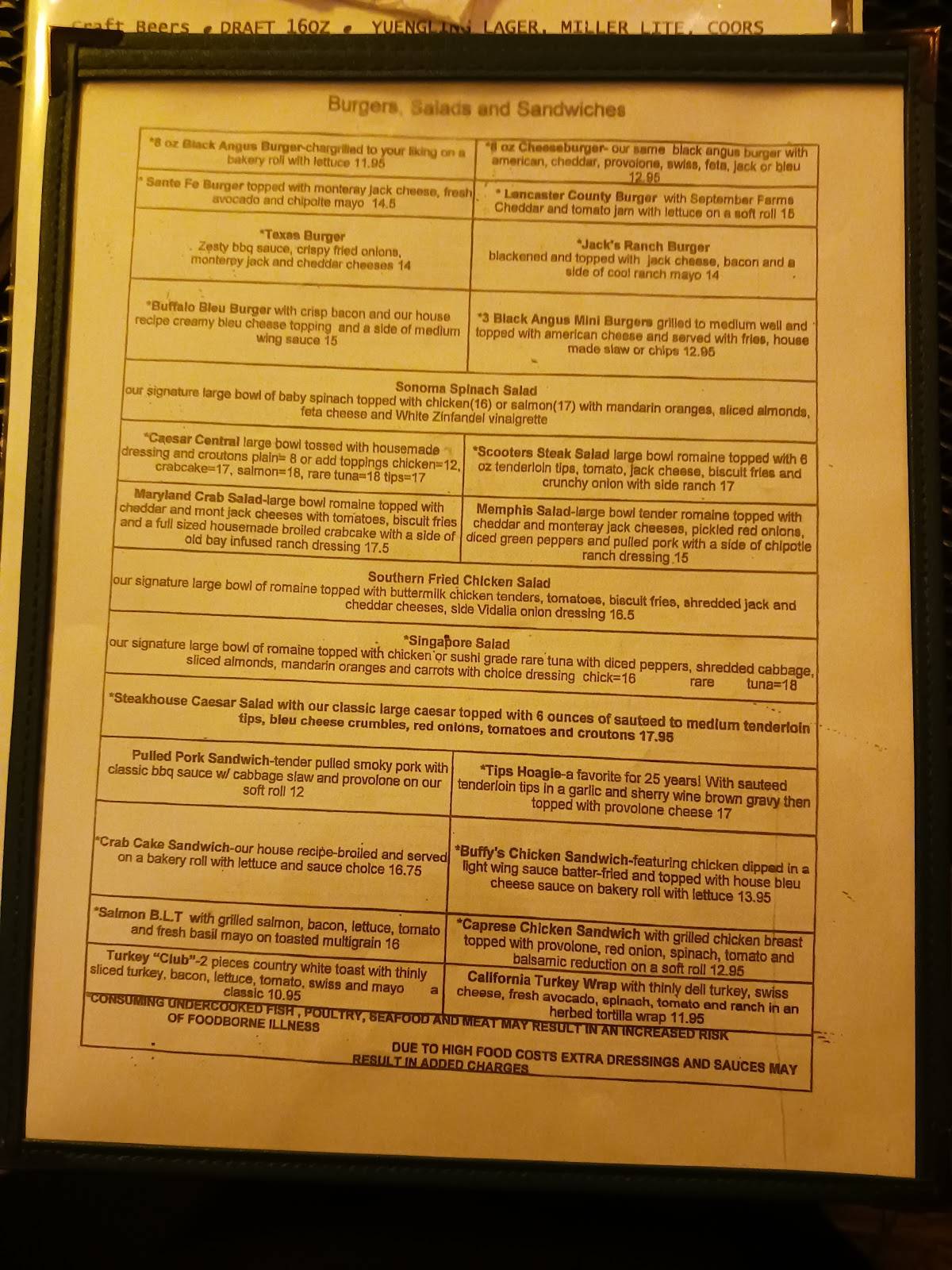 Menu at Scooter's Restaurant & Bar, Lititz
