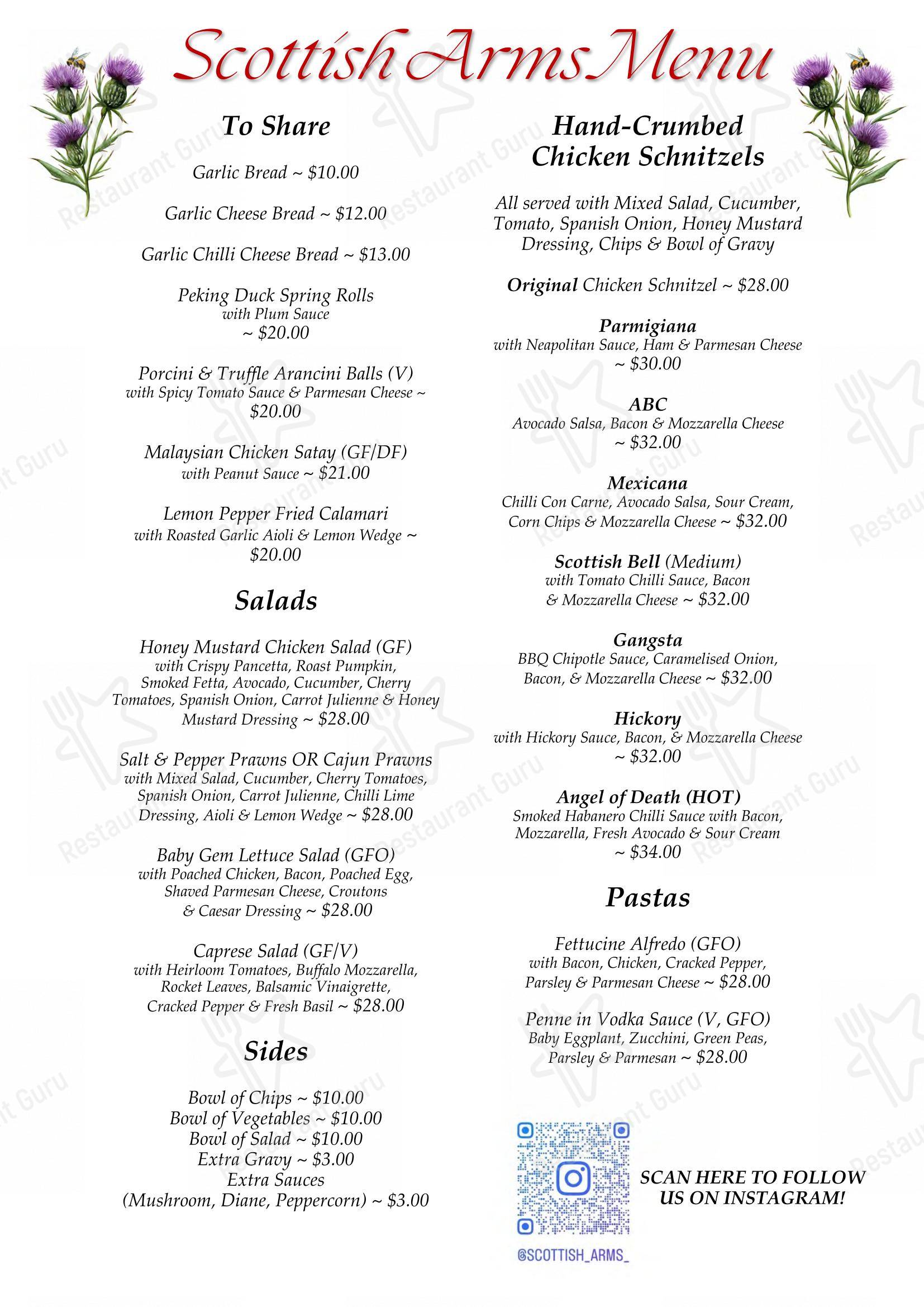 Menu at Scottish Arms Hotel restaurant, Bowral