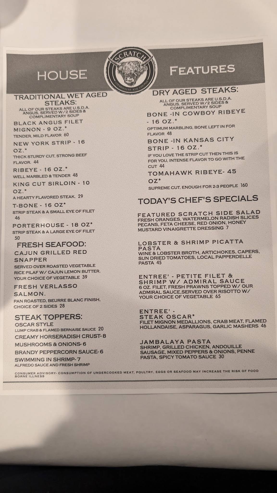 Menu at Scratch Steakhouse And Lounge, Louisville