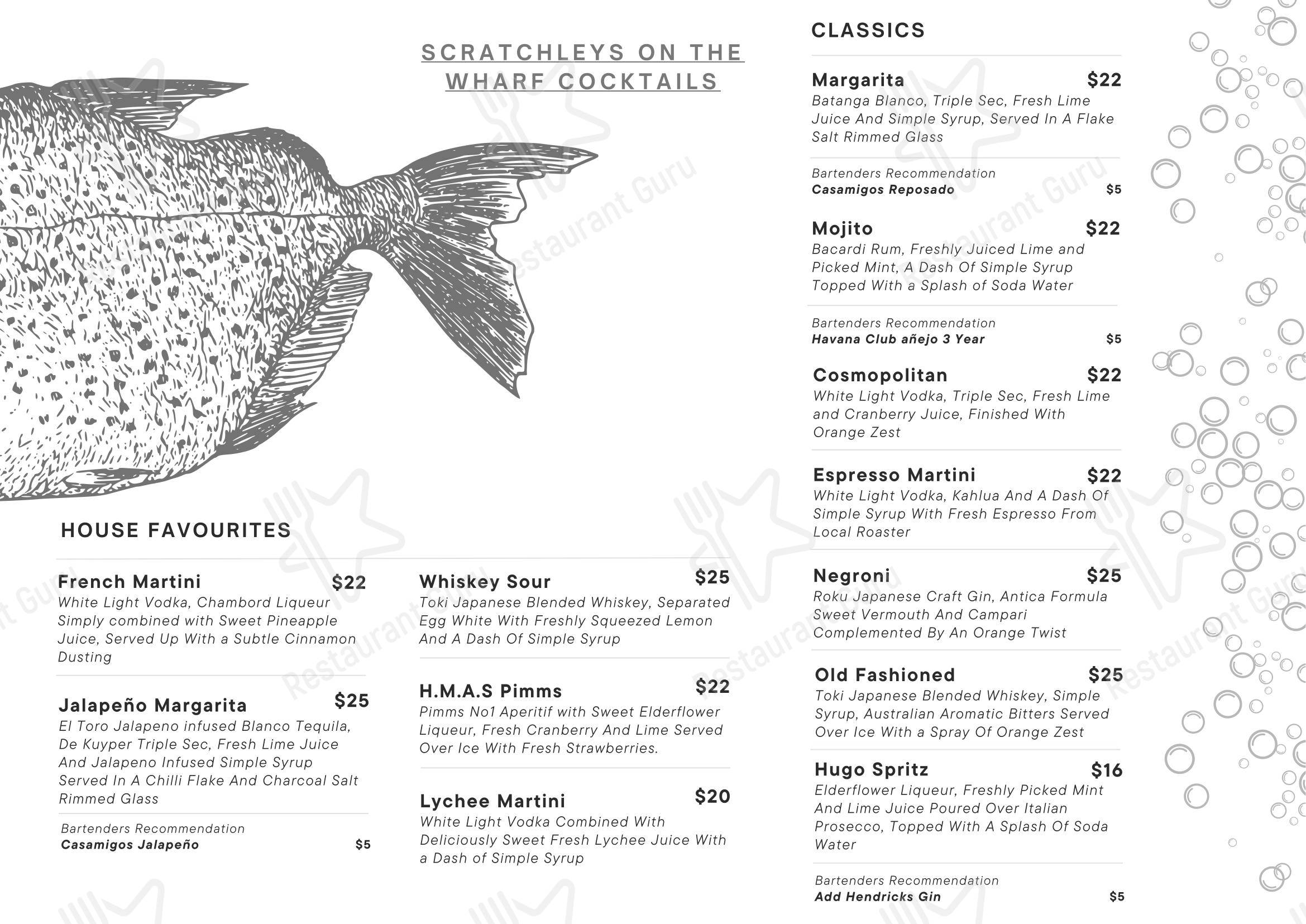 Menu at Scratchleys on the Wharf restaurant, Newcastle, 200 Wharf Rd