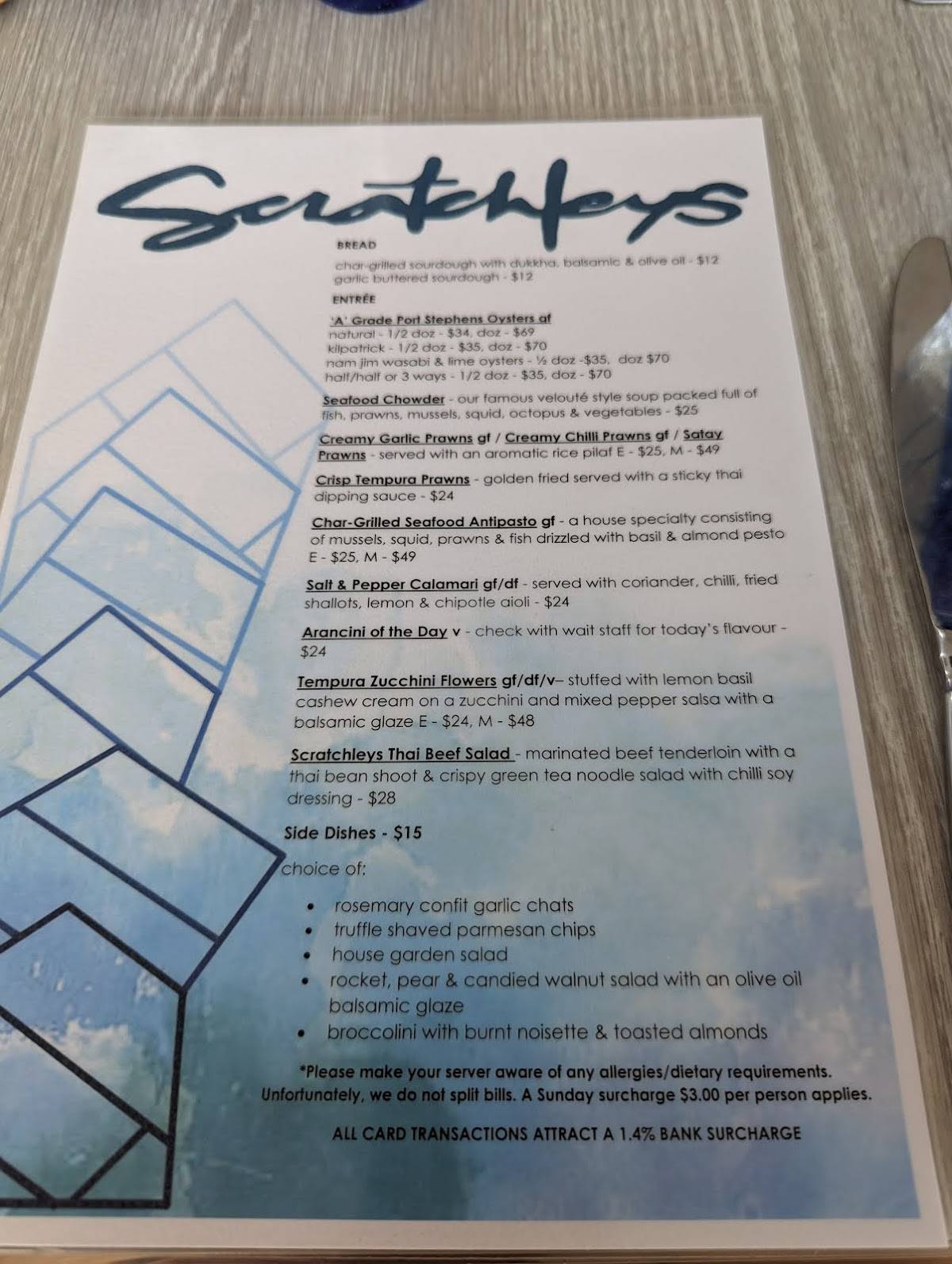 Menu at Scratchleys on the Wharf restaurant, Newcastle, 200 Wharf Rd