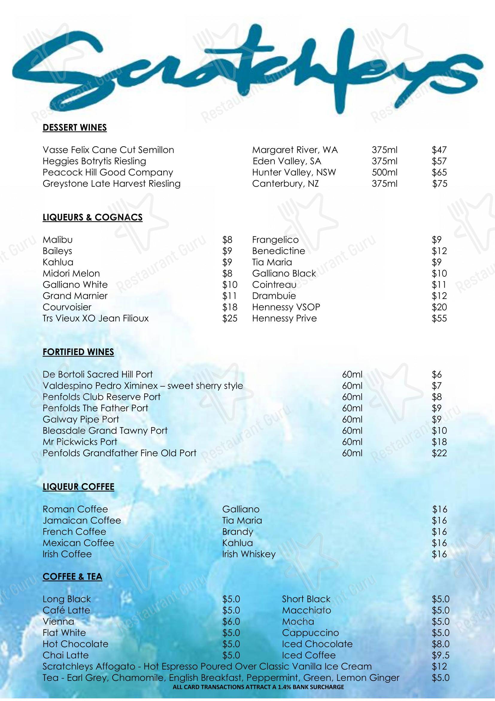 Menu at Scratchleys on the Wharf restaurant, Newcastle, 200 Wharf Rd