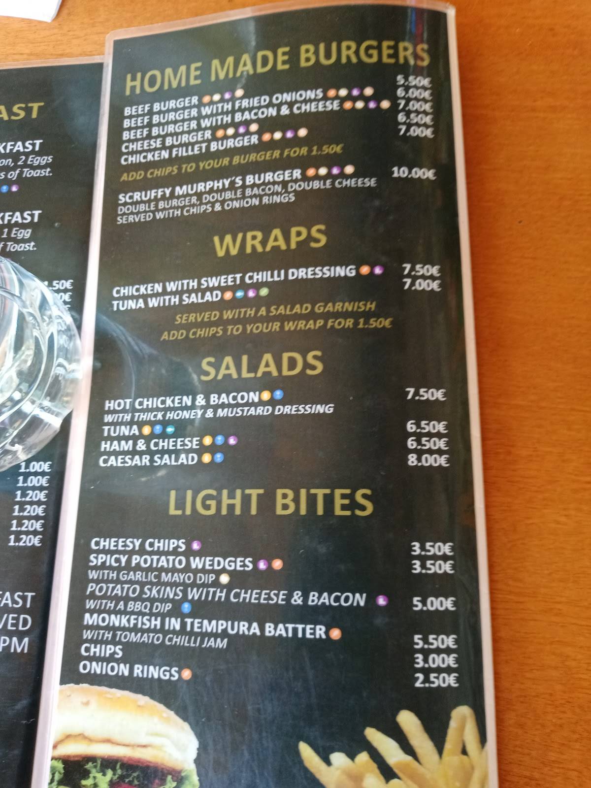 Menu at Scruffy Murphy's pub & bar, Benalmádena