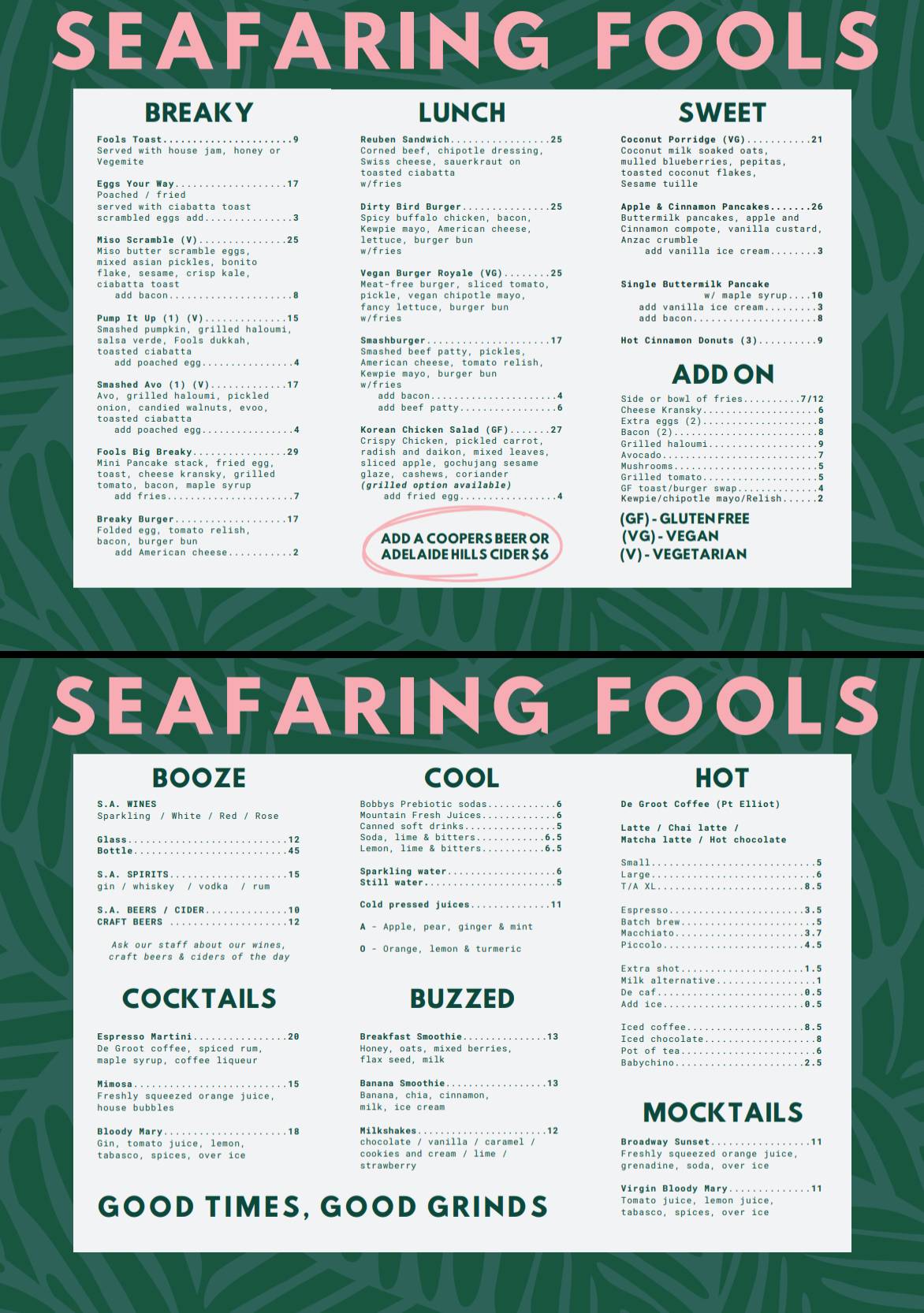 Menu at Seafaring Fools pub & bar, Glenelg South