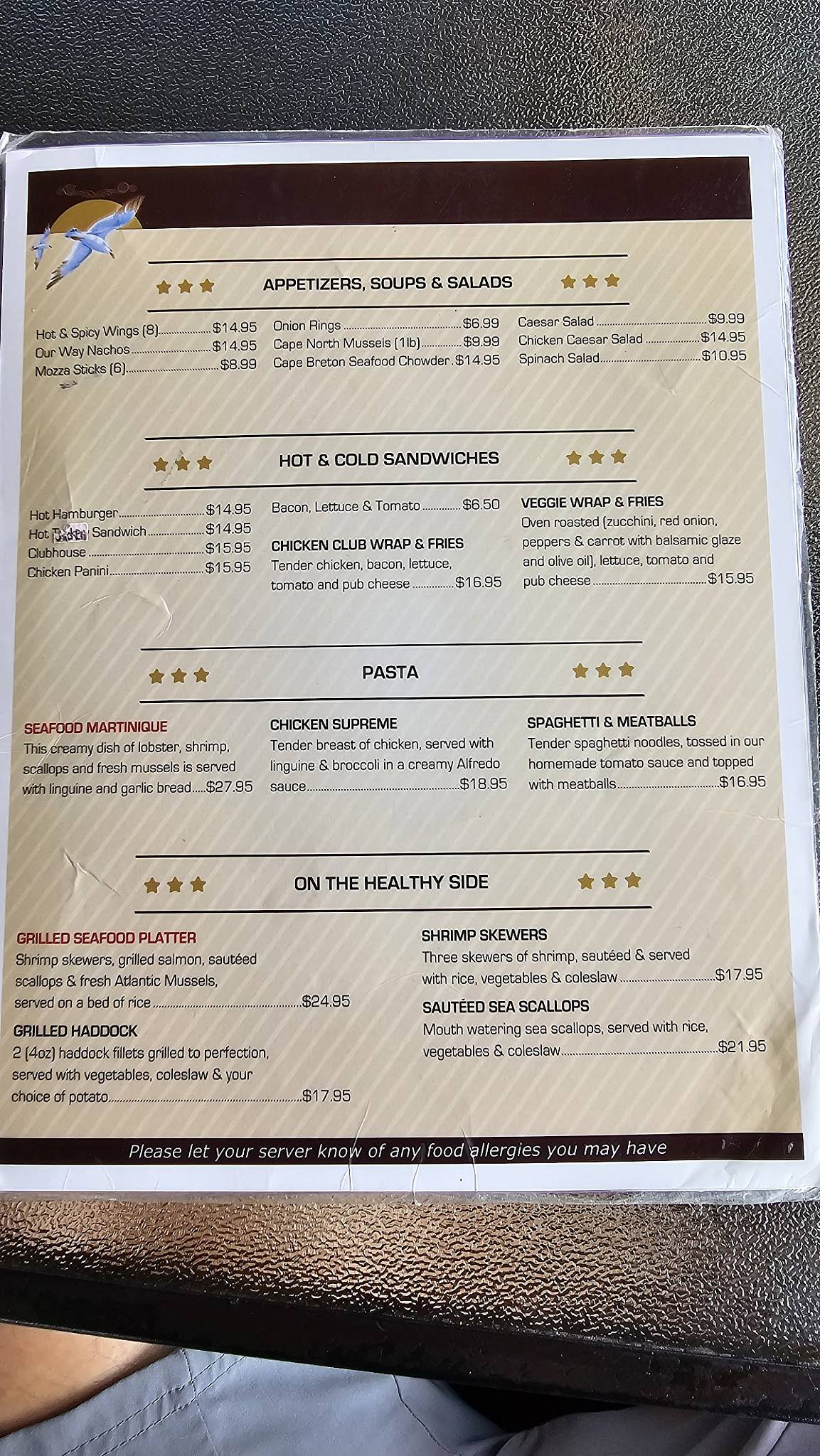 Menu au Seagull Restaurant, Ingonish