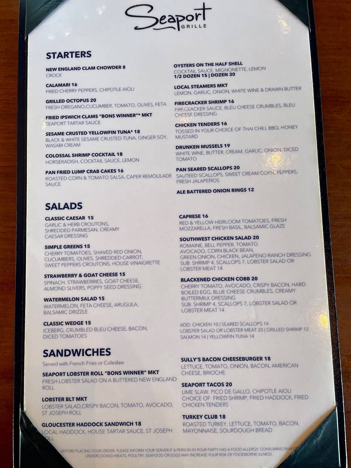 Menu at Seaport Grille restaurant, Gloucester, 6 Rowe Sq