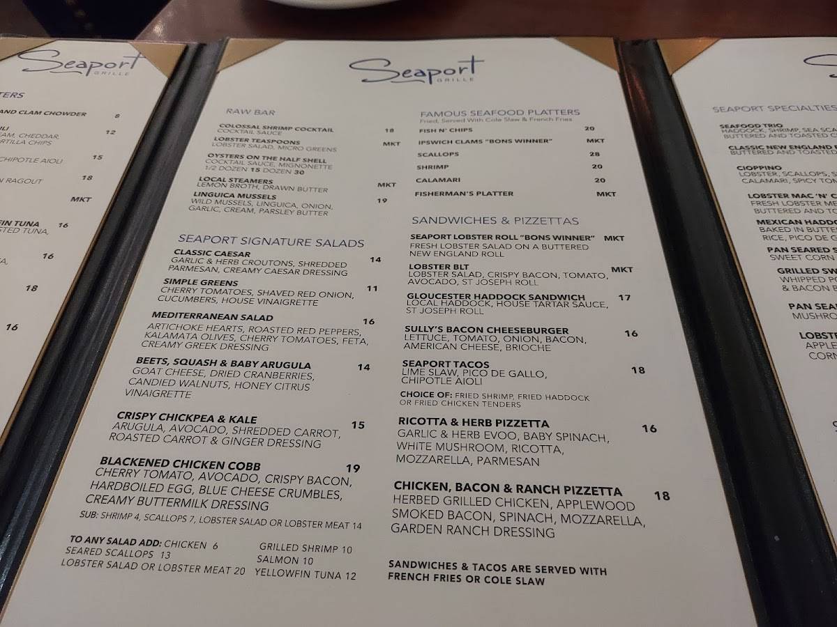 Menu at Seaport Grille restaurant, Gloucester, 6 Rowe Sq