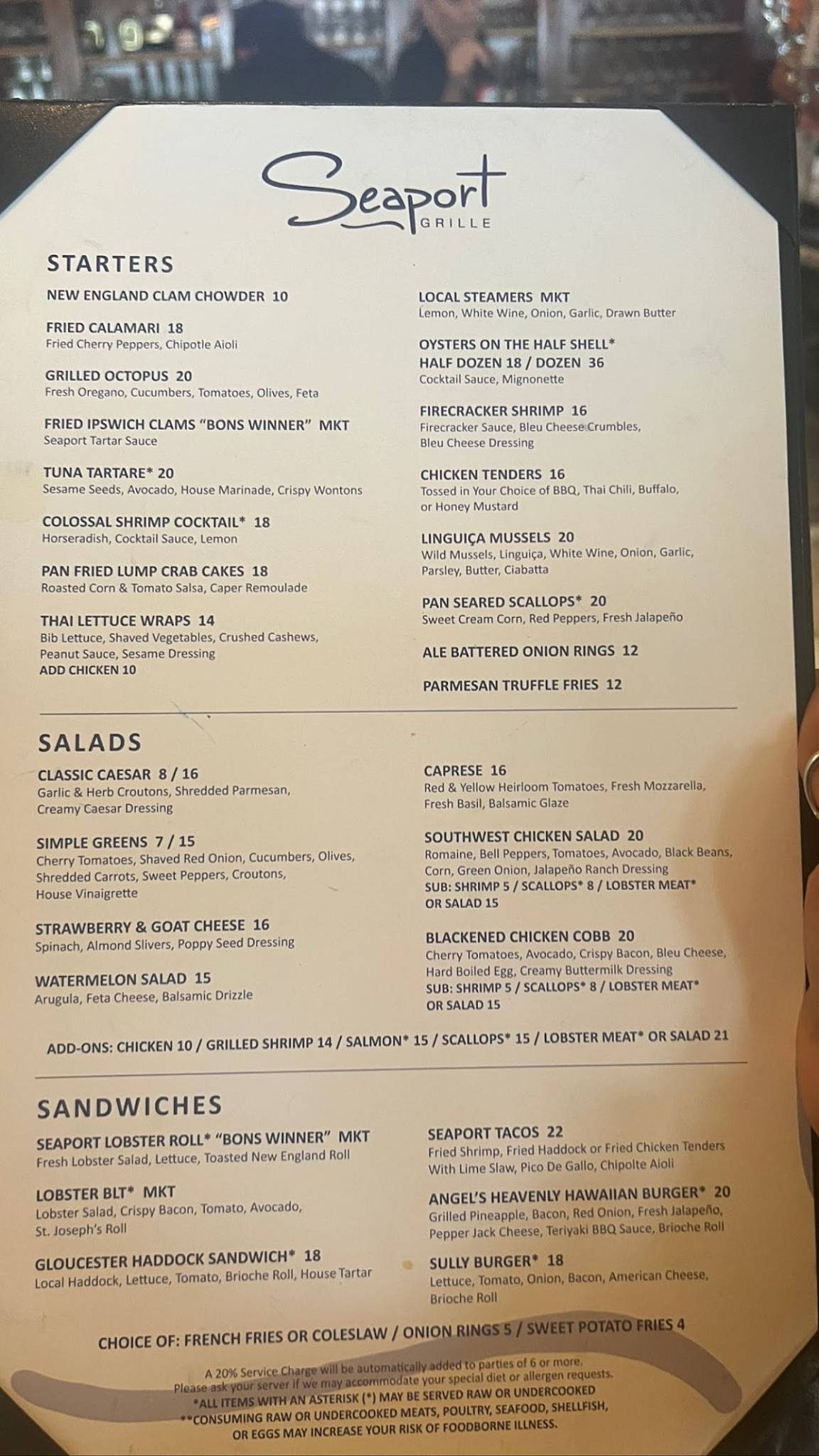 Menu at Seaport Grille restaurant, Gloucester, 6 Rowe Sq