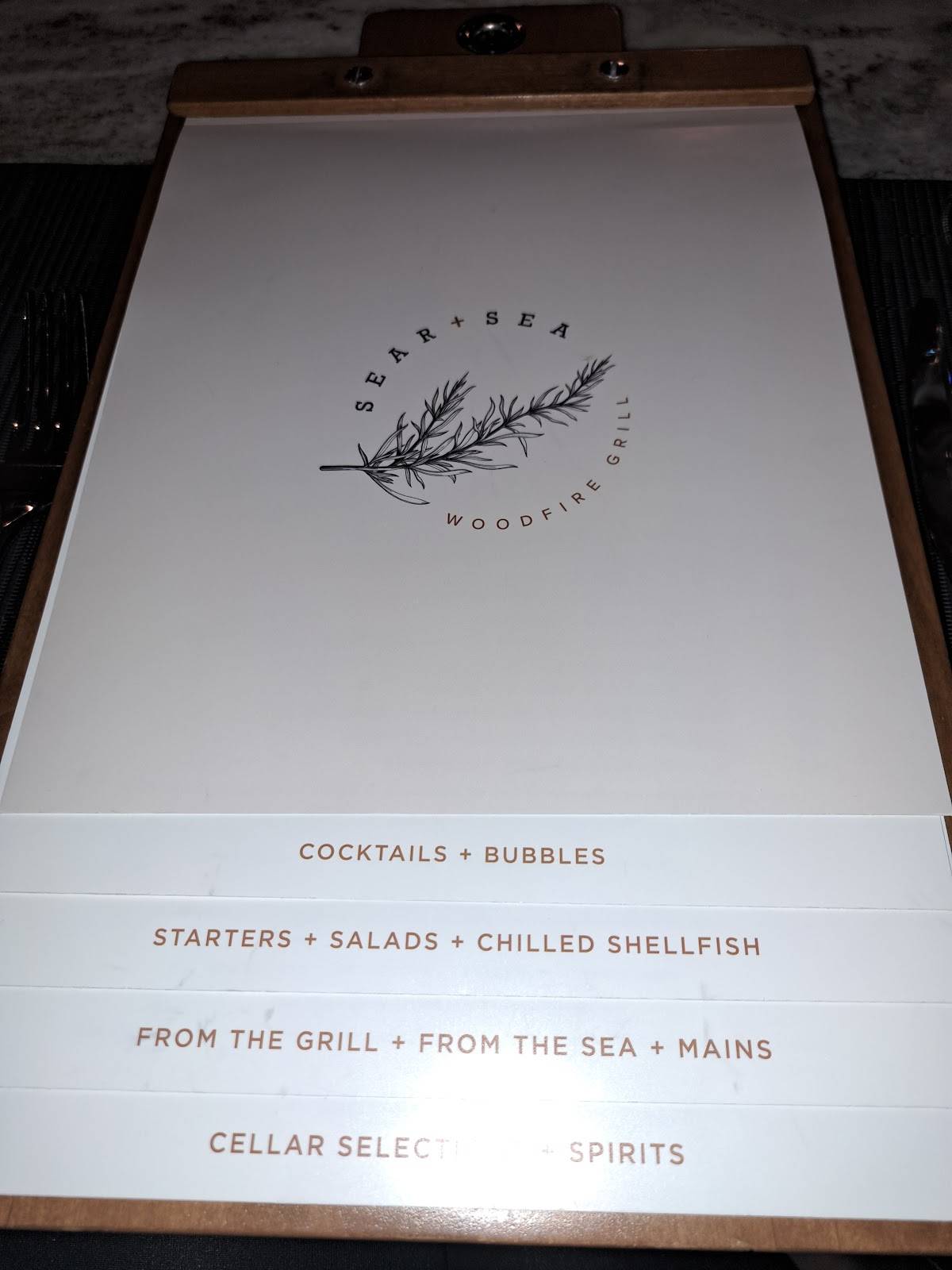 Menu at Sear + Sea Woodfire Grill steakhouse, Orlando