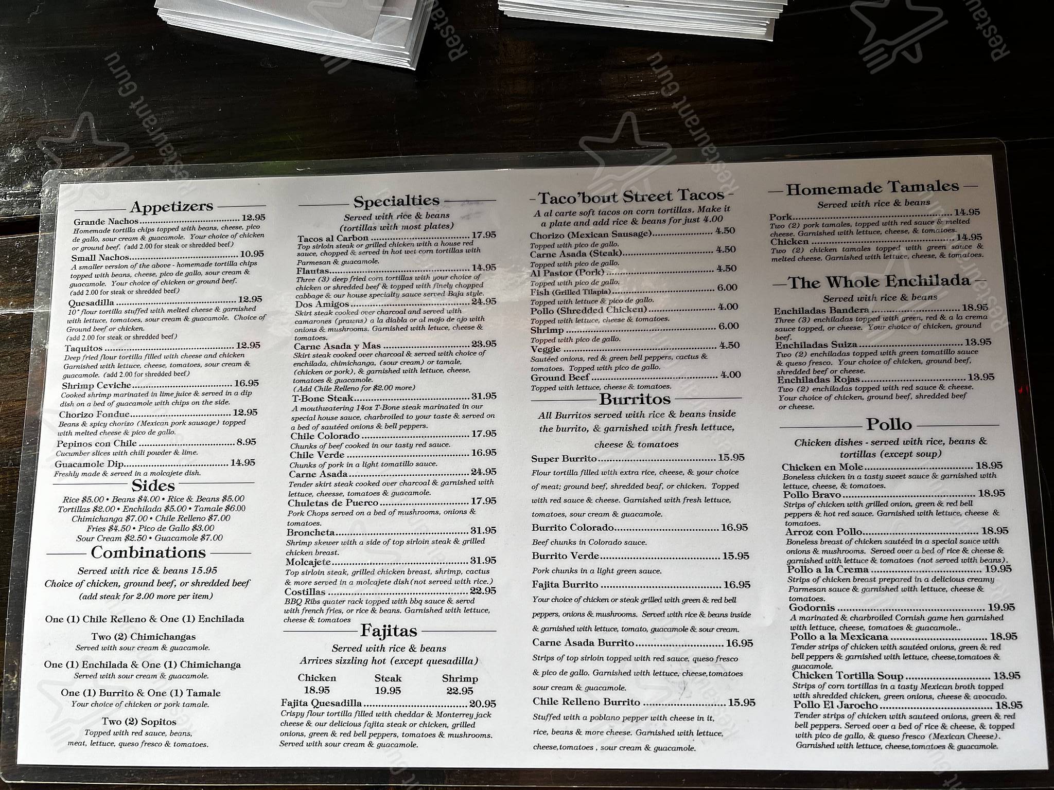 Menu at Una Ves Mas Mexican Restaurant, Seaside