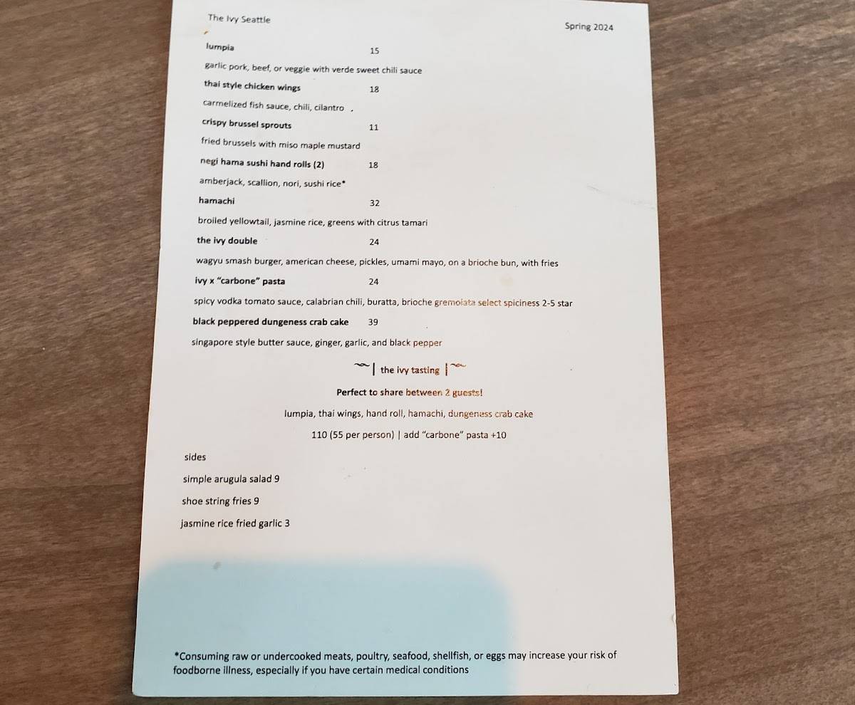 Menu at The Ivy pub & bar, Seattle
