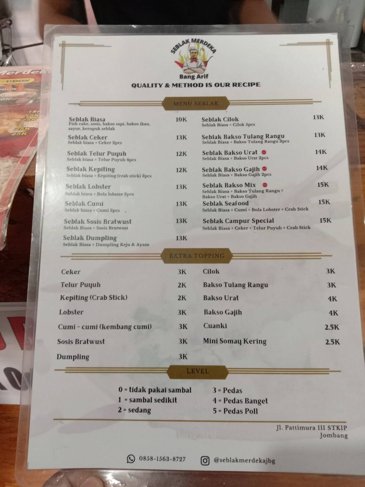 Carta del restaurante Seblak Merdeka Jombang Bang Arif, Sengon