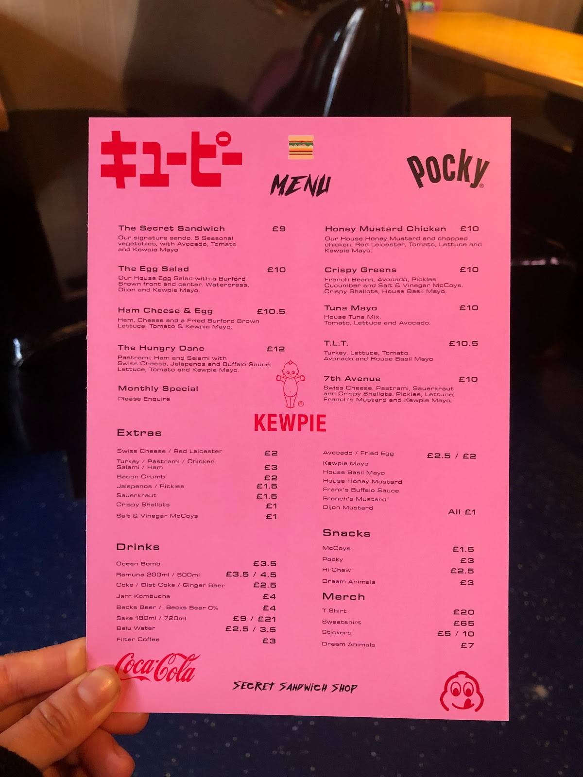 Menu at Secret Sandwich Shop restaurant, London