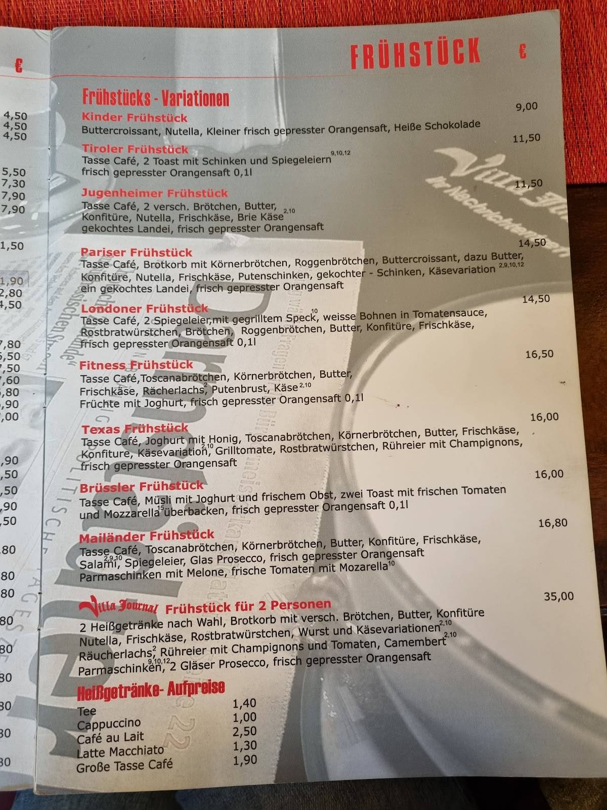 Speisekarte von Villa Journal - Frühstück-Café - Bar - Restaurant ...