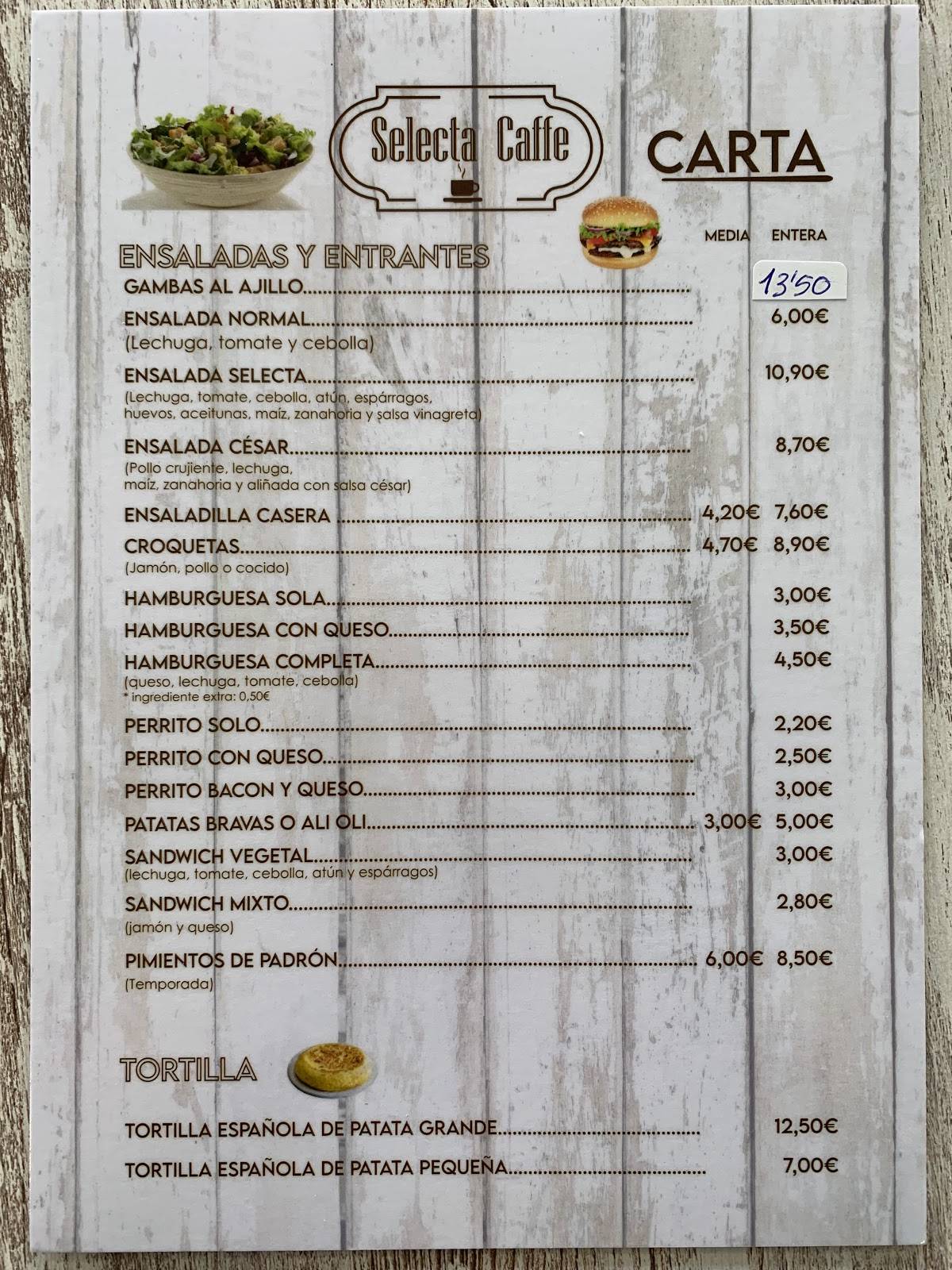 Carta del pub y bar Selecta caffe, Ferrol