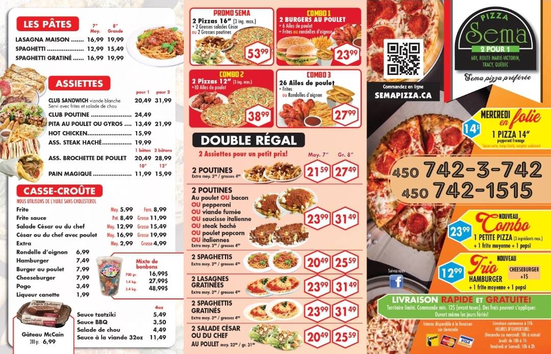 Menu au Sema Pizza - Sorel-Tracy pizzeria, Sorel-Tracy, 601 QC-132