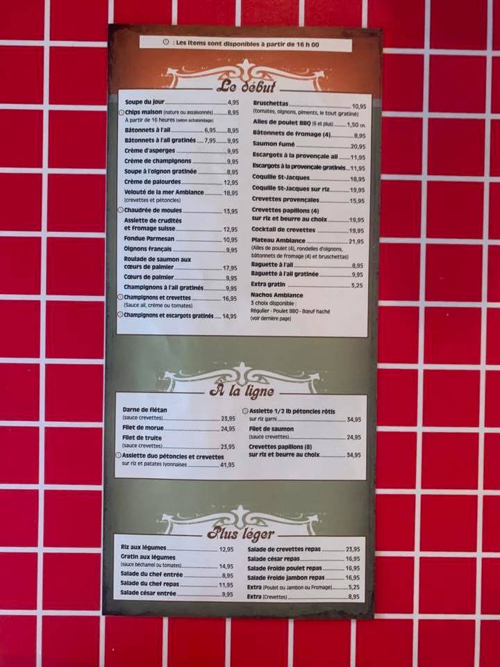 Menu au RESTO-BAR L'AMBIANCE, Sept-Iles