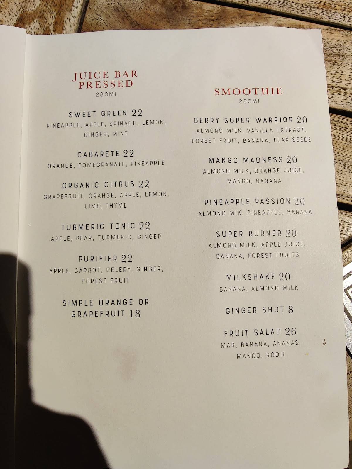 Menu at Sera Eden, Bucharest
