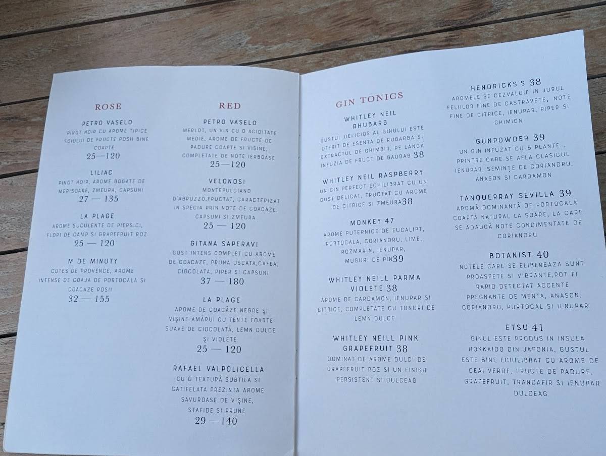 Menu at Sera Eden, Bucharest
