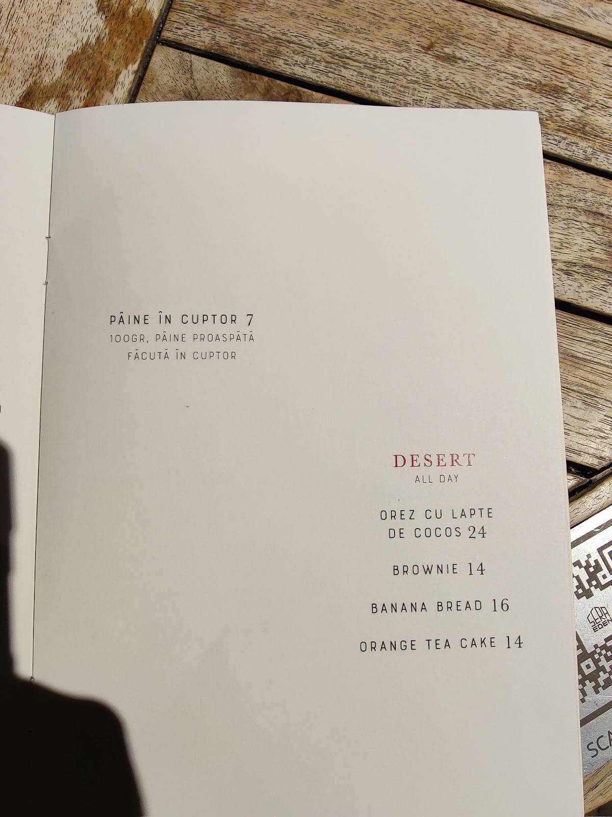Menu at Sera Eden, Bucharest