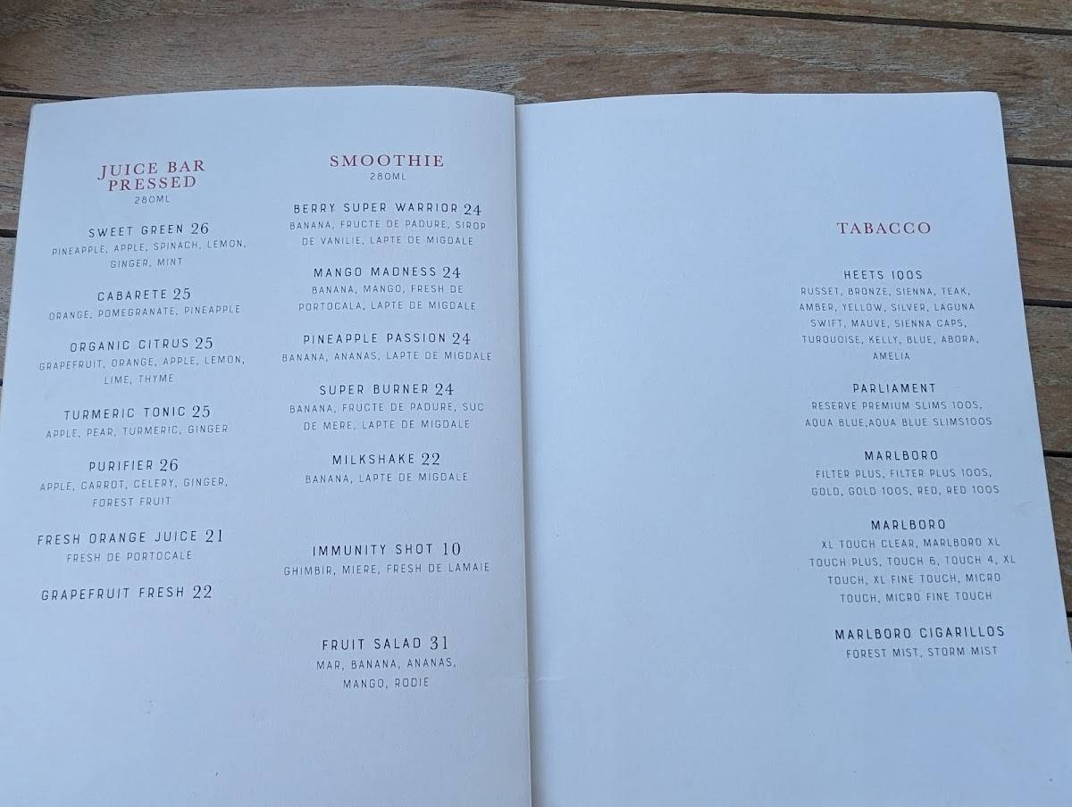 Menu at Sera Eden, Bucharest