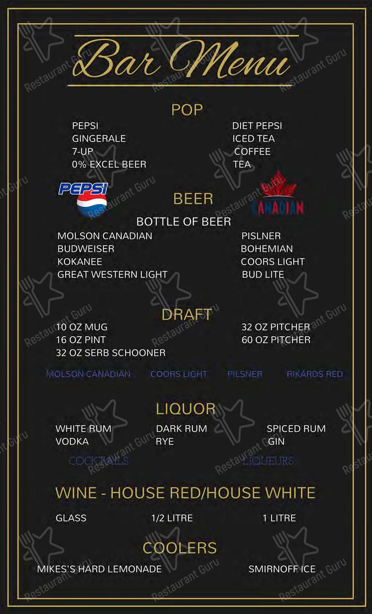 Menu at Serbian Club, Regina, Avonhurst Dr