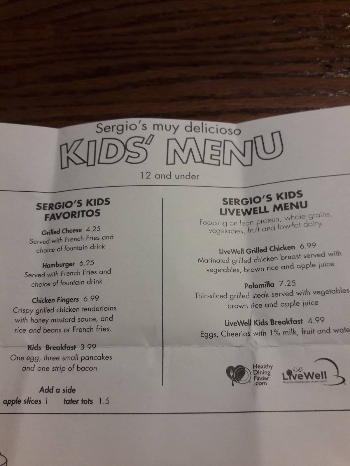 Menu at Sergio's Restaurant, Doral, NW 87th Ave