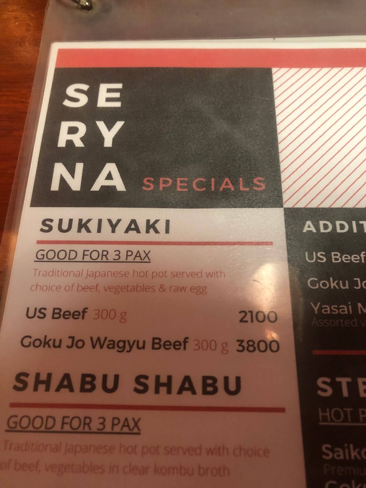 Menu at Seryna Japanese Restaurant, Makati, Chino Roces Ave