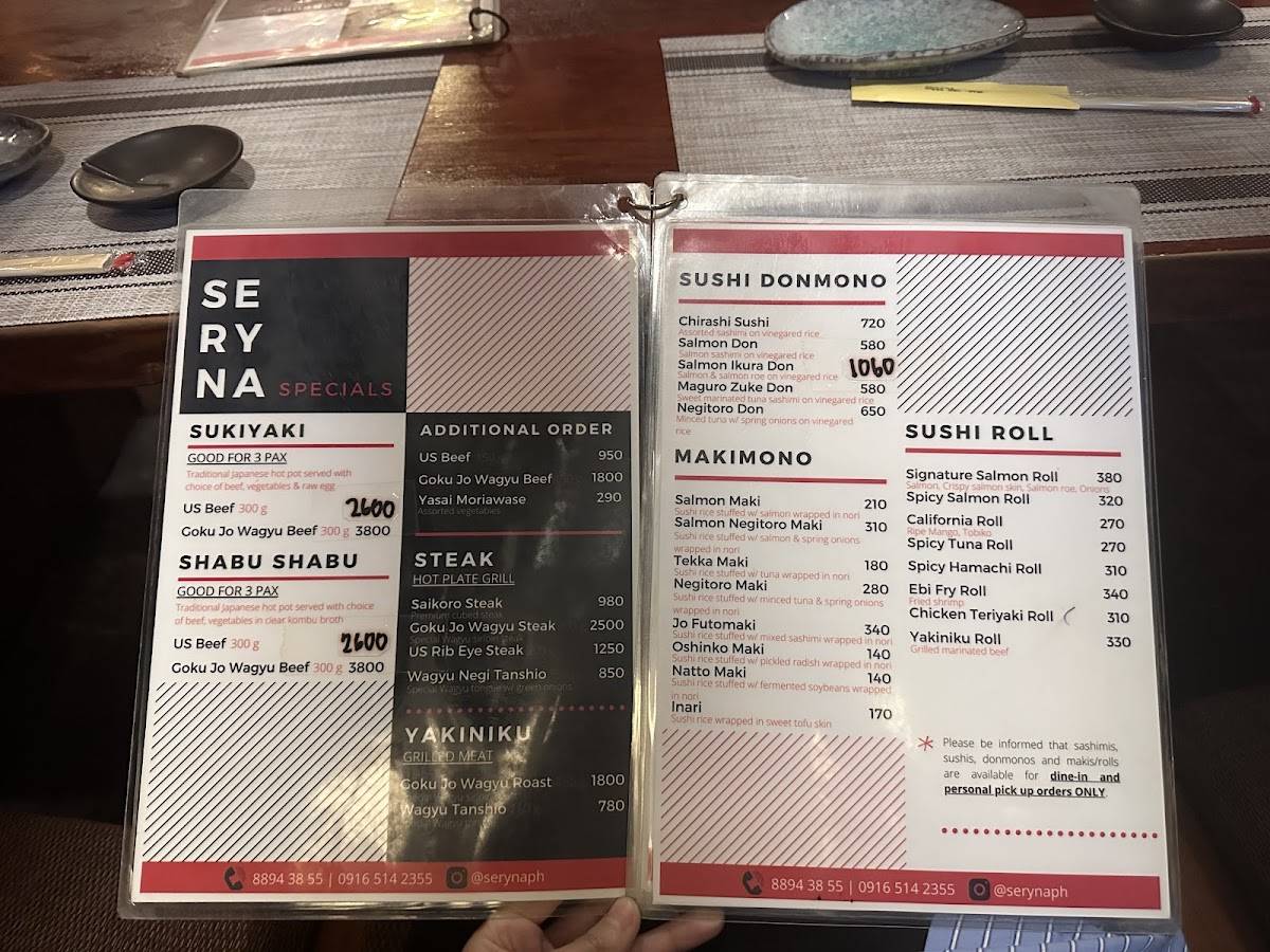 Menu at Seryna Japanese Restaurant, Makati, Chino Roces Ave