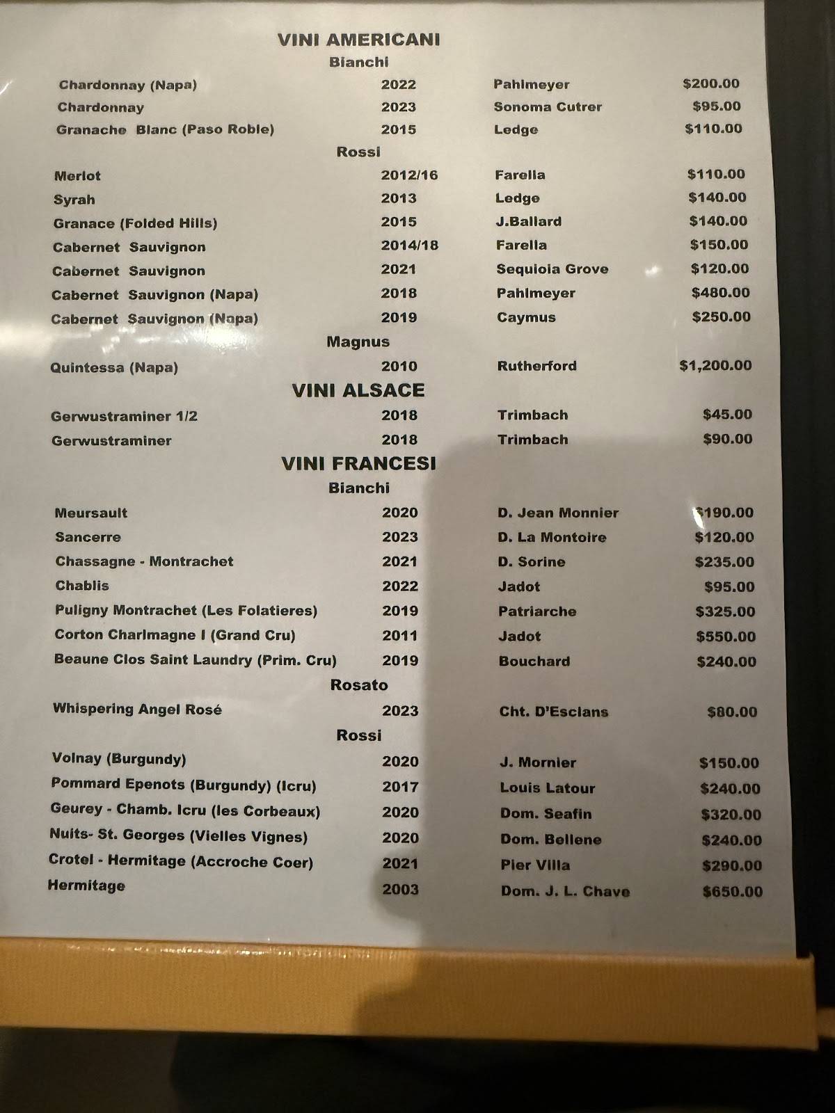 Menu at Sette Mezzo restaurant, New York City