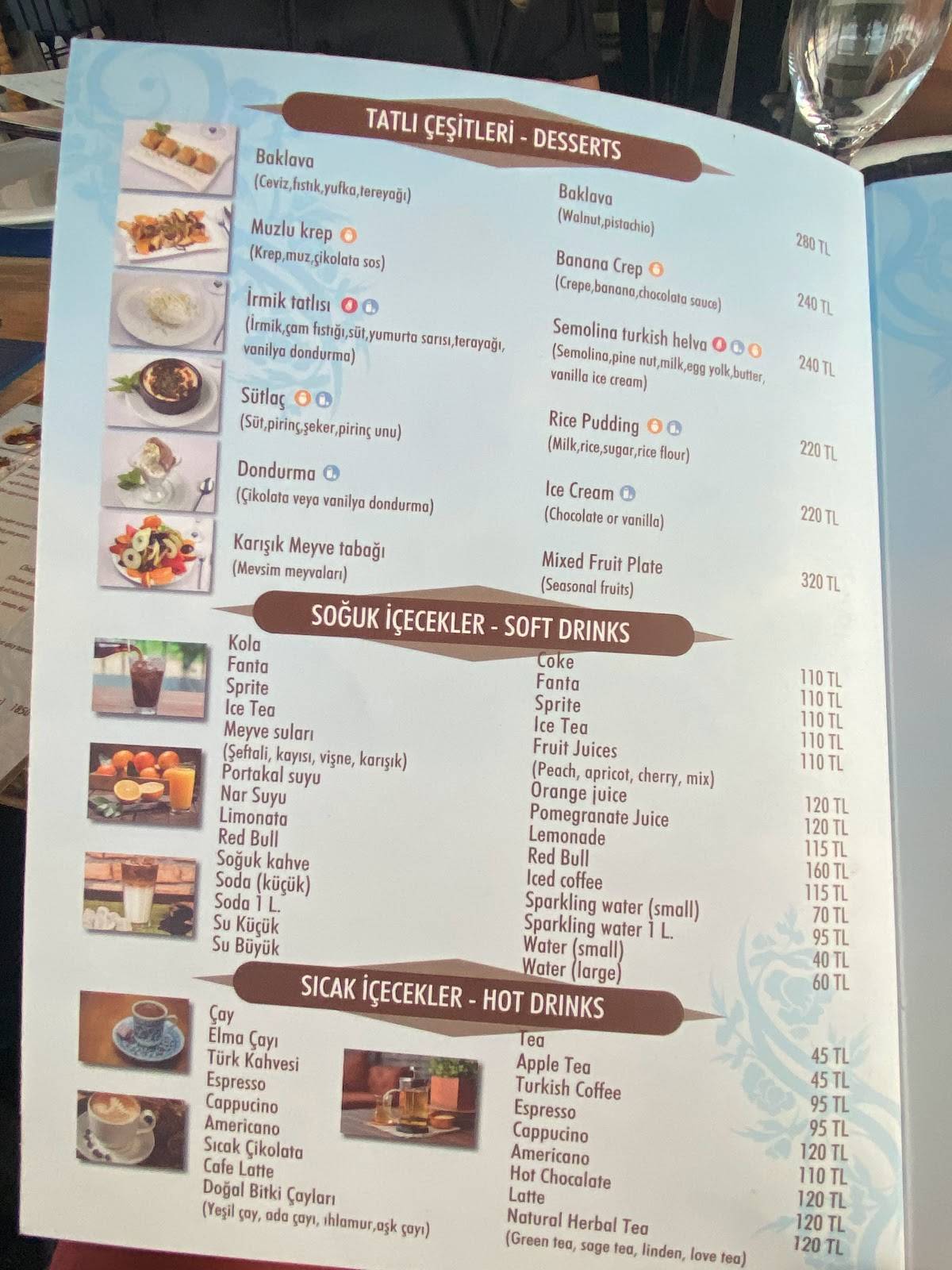 Menu at Seven Hills Restaurant, Istanbul