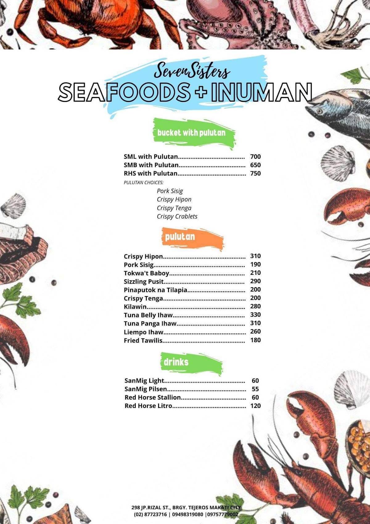Menu at Seven Sister's Seafood Paluto restaurant, Makati