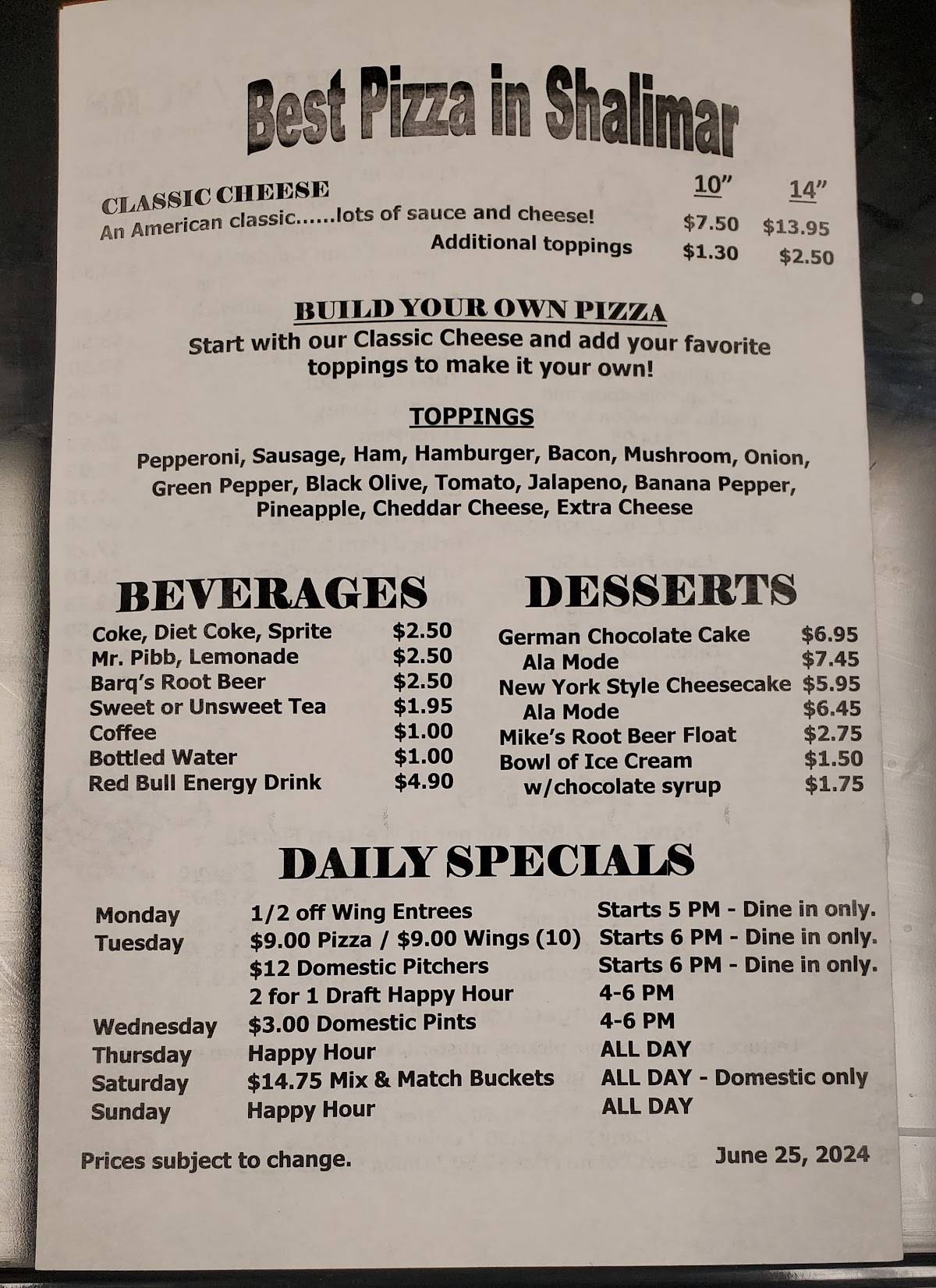 Menu at Shalimar Cheers Pub, Shalimar
