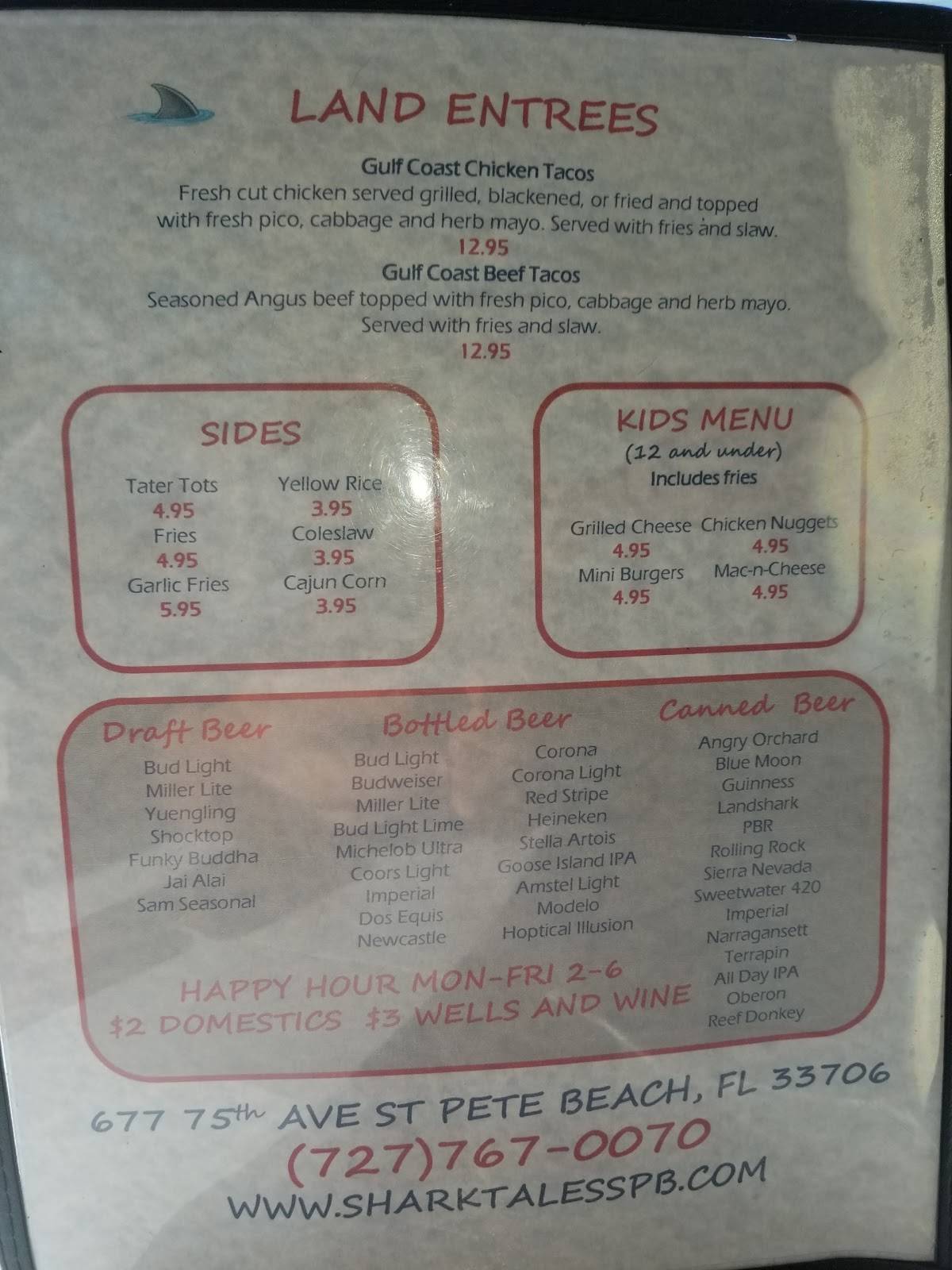 Menu at Shark Tales Waterfront Restaurant, Saint Pete Beach, 677 75th Ave