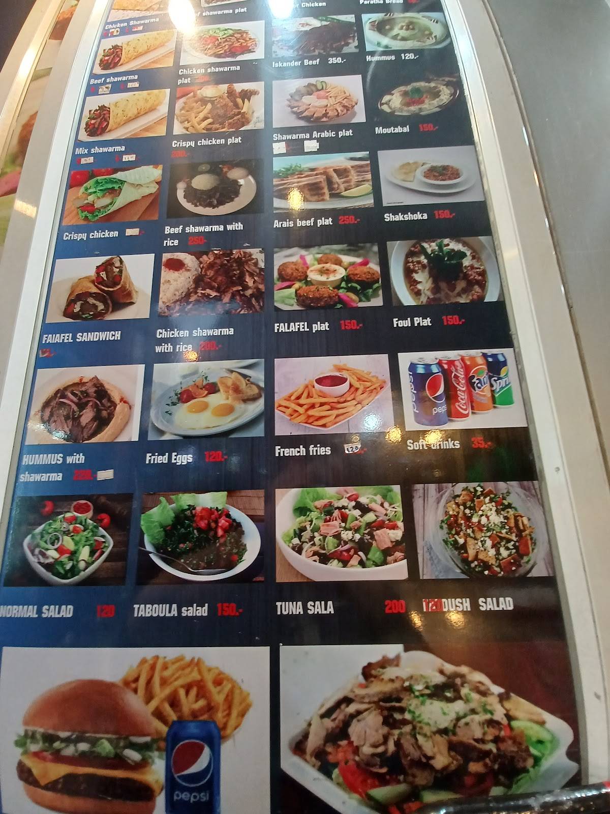 Menu at Shawarma Corner restaurant, Bangkok