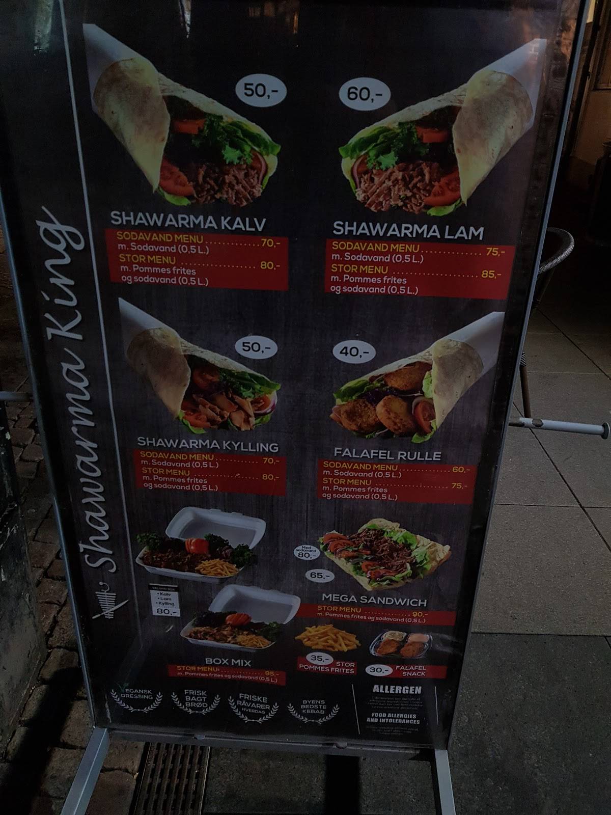 Menu at Shawarma King fast food, Aarhus