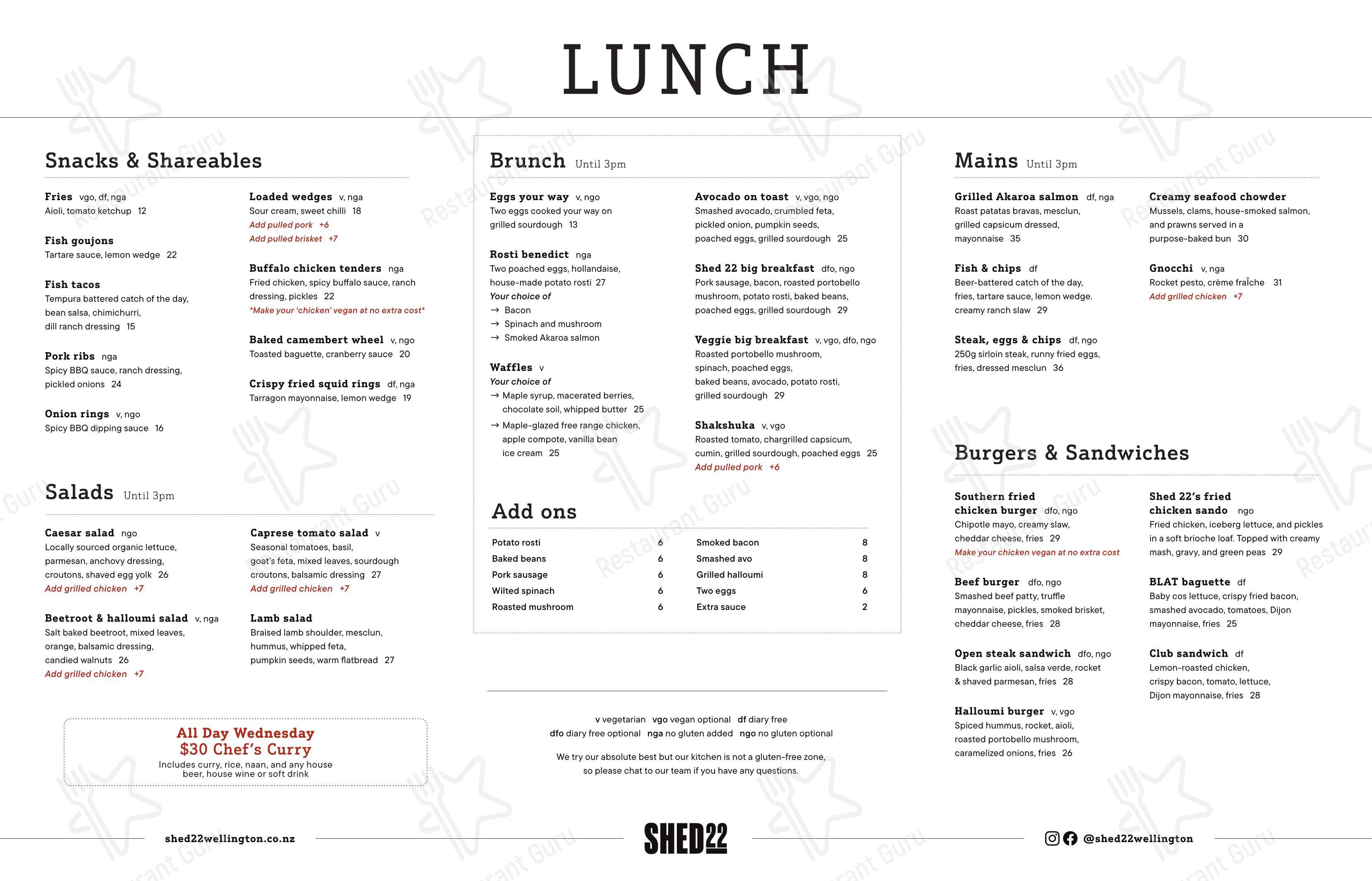 Menu at Shed 22 pub & bar, Wellington