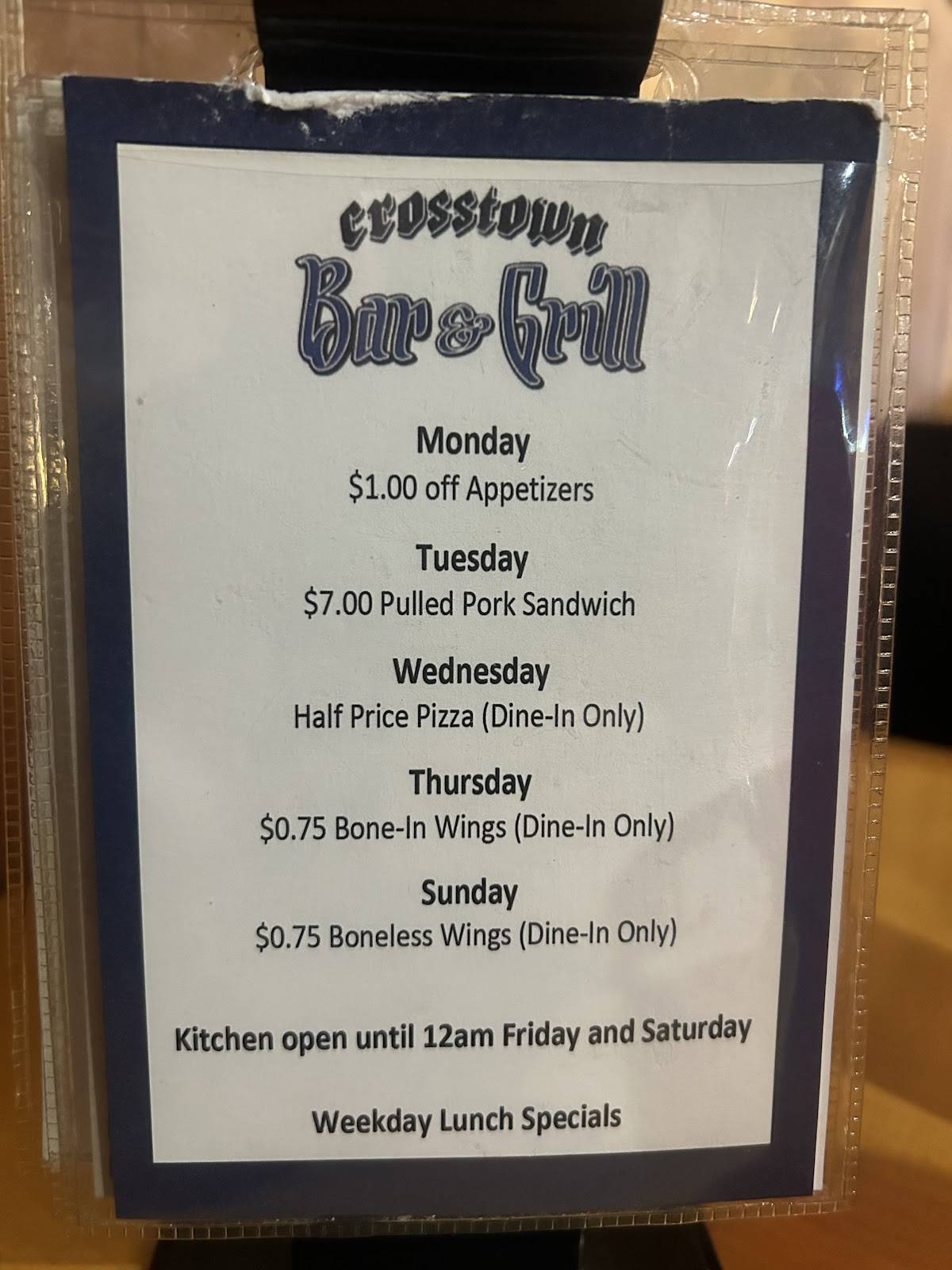 Menu at Crosstown Bar & Grill, Shelbyville