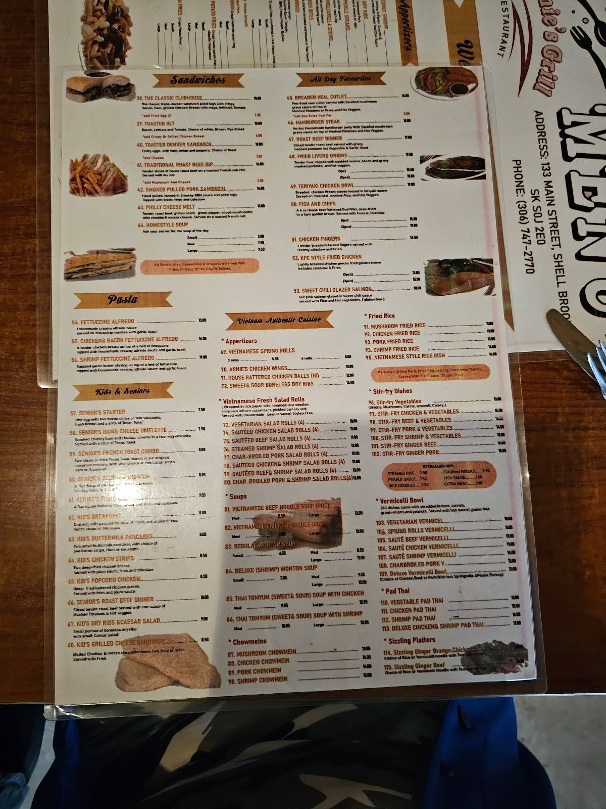 Menu at Arnie's Grill restaurant, Shellbrook